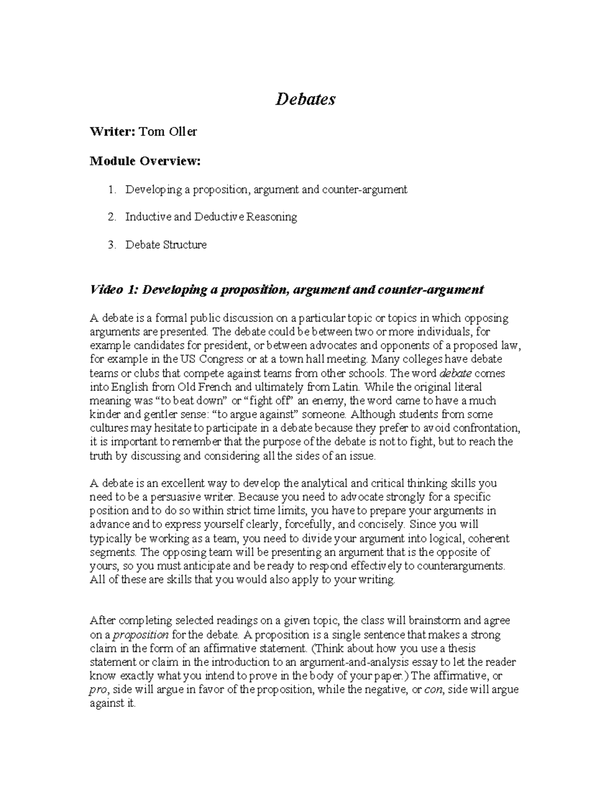 Debates-Script - other - Debates Writer: Tom Oller Module Overview ...