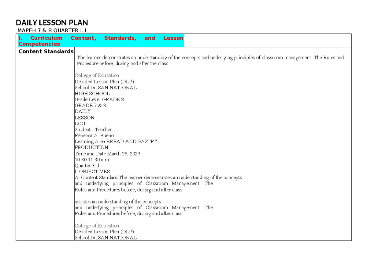 DLP Q1 - Sample DLp fo a class orientation - DAILY LESSON PLAN MAPEH 7 ...