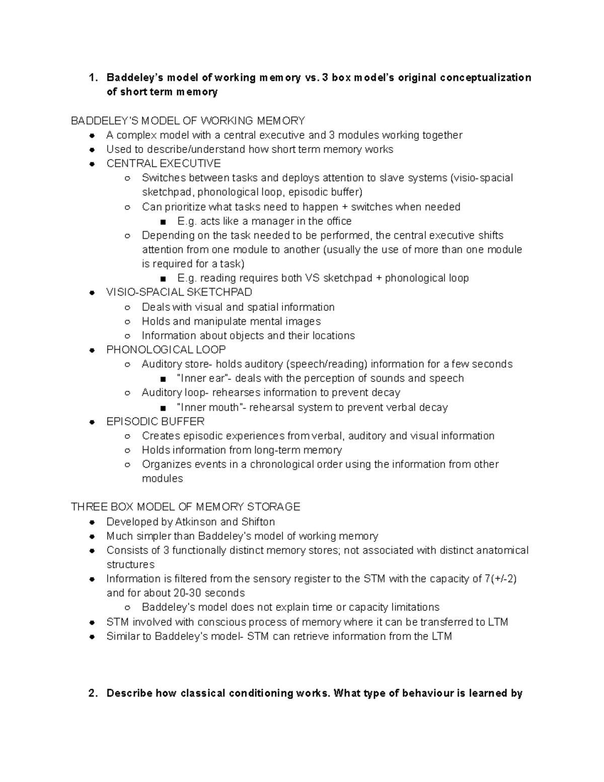 MIDTERM 3 LONG ANSWER - Baddeley’s model of working memory vs. 3 box ...