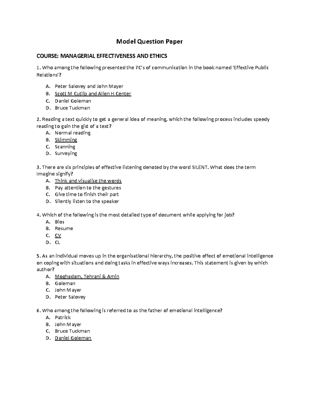 Model Question Paper MEE 2 - Model Question Paper COURSE: MANAGERIAL ...