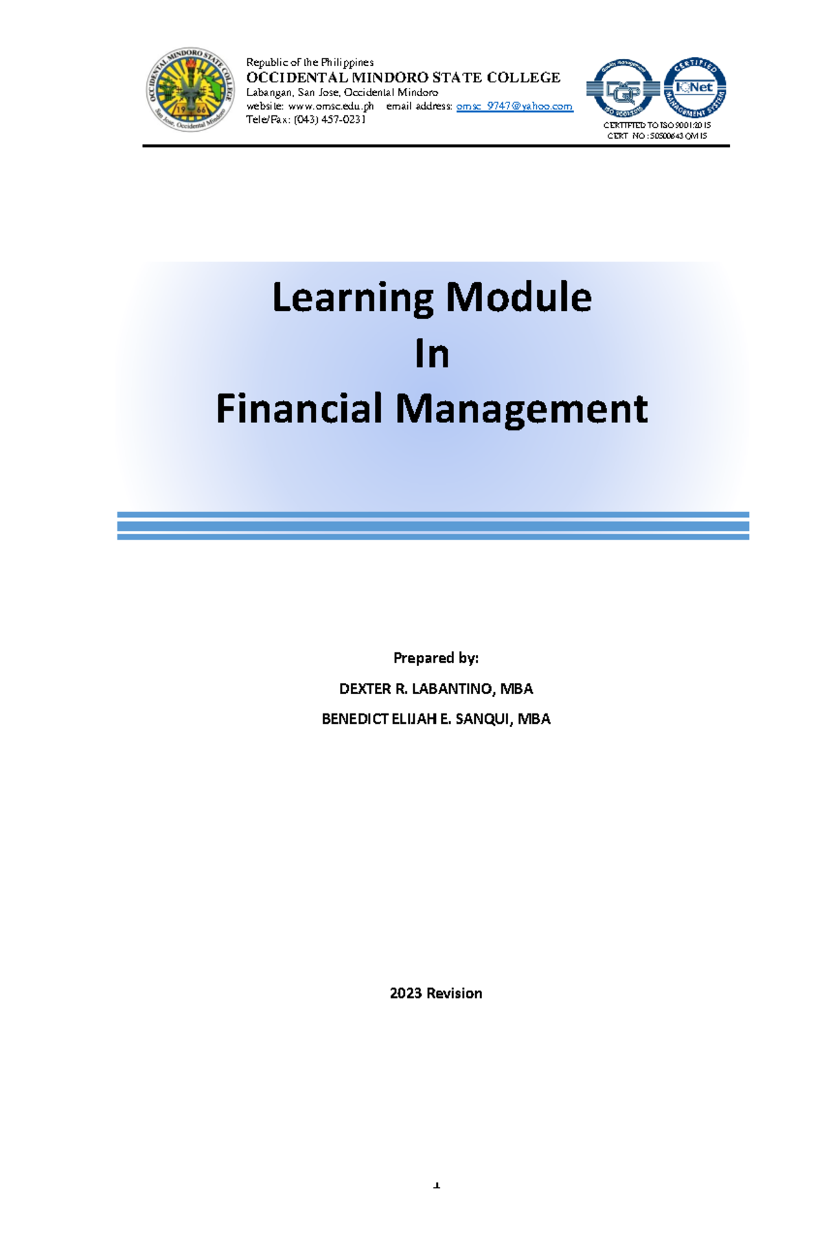 Module Financial Management Labantino Sanqui 2023 2024 - Prepared by: DEXTER R. LABANTINO, MBA ...