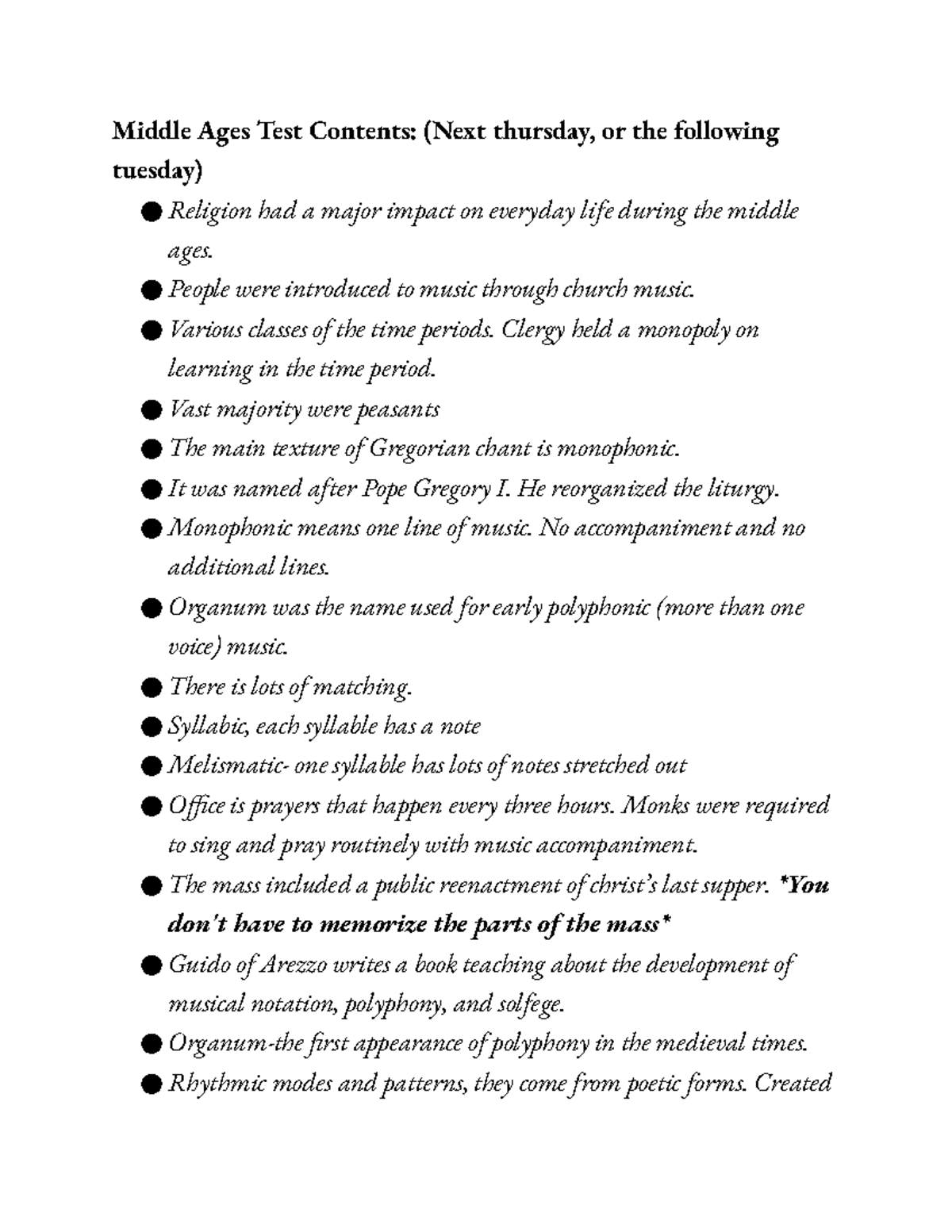 Music Lit Notes - Middle Ages Test Contents: (Next thursday, or the ...
