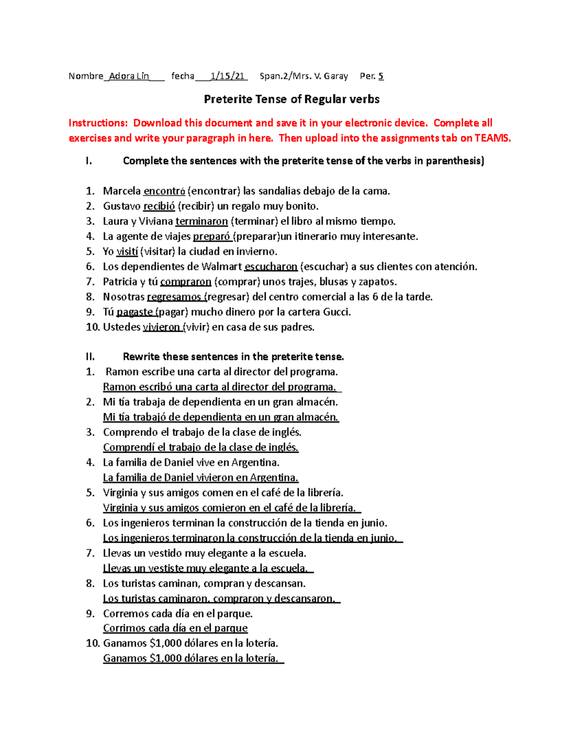 Preterite exercises Regular verbs Spanish - Nombre_Adora Lin___ fecha ...