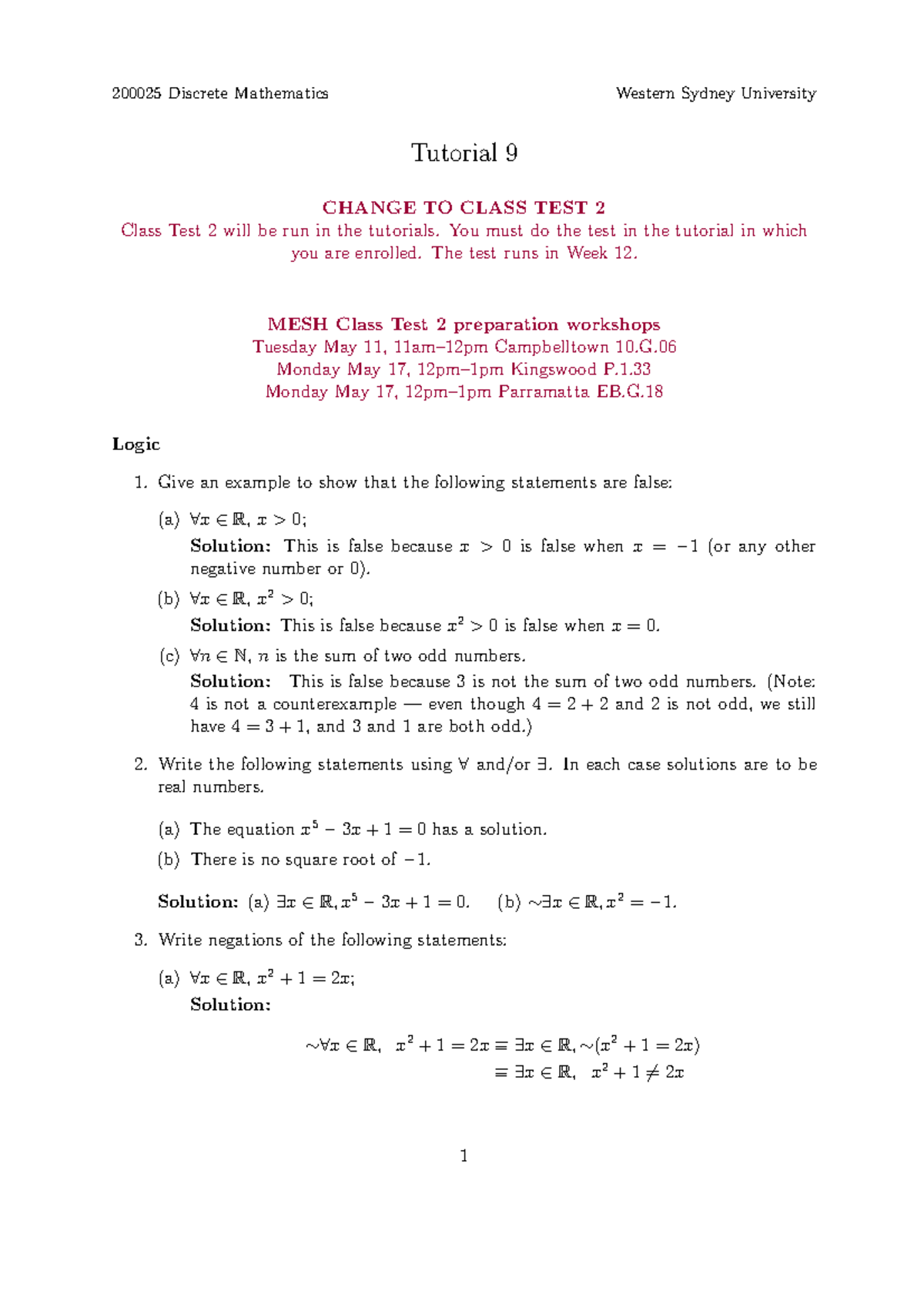 DM tutorial 9 solutions - 200025 Discrete Mathematics Western Sydney ...