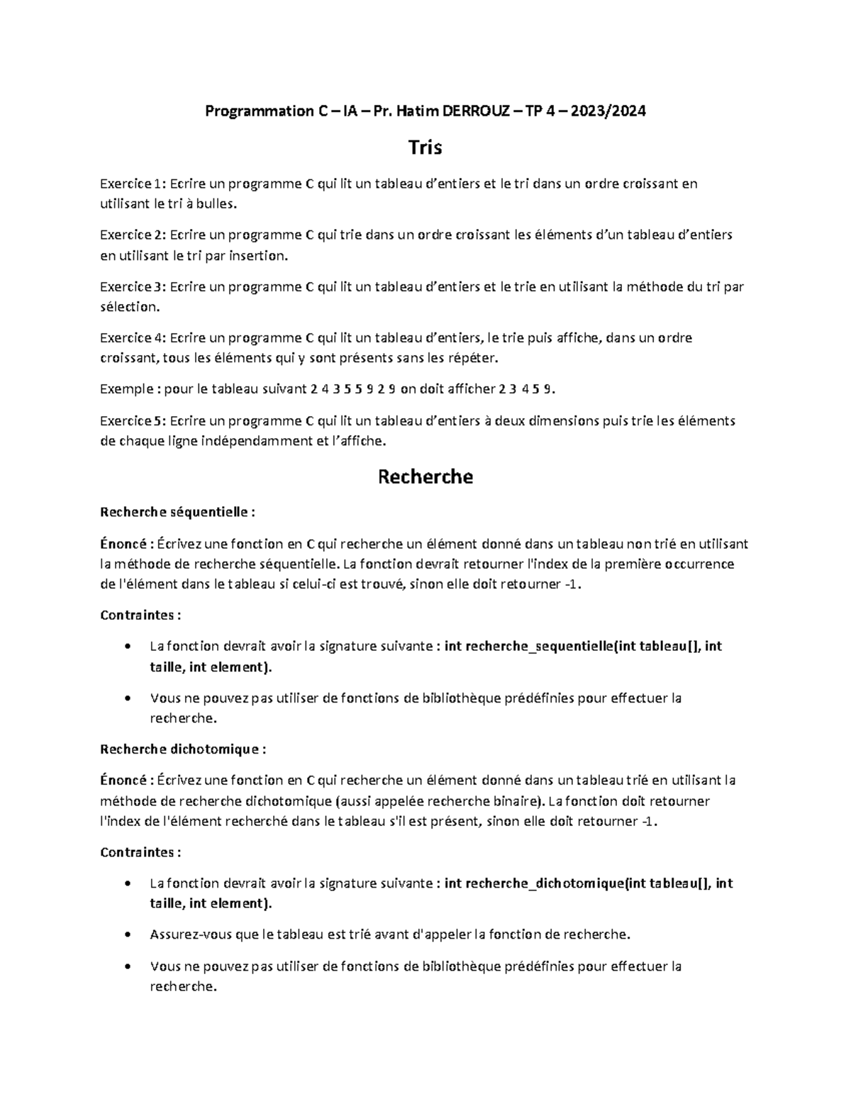 Programmation C TP4 - hhh - Programmation C – IA – Pr. Hatim DERROUZ – TP 4 – 202 3/ Tris ...
