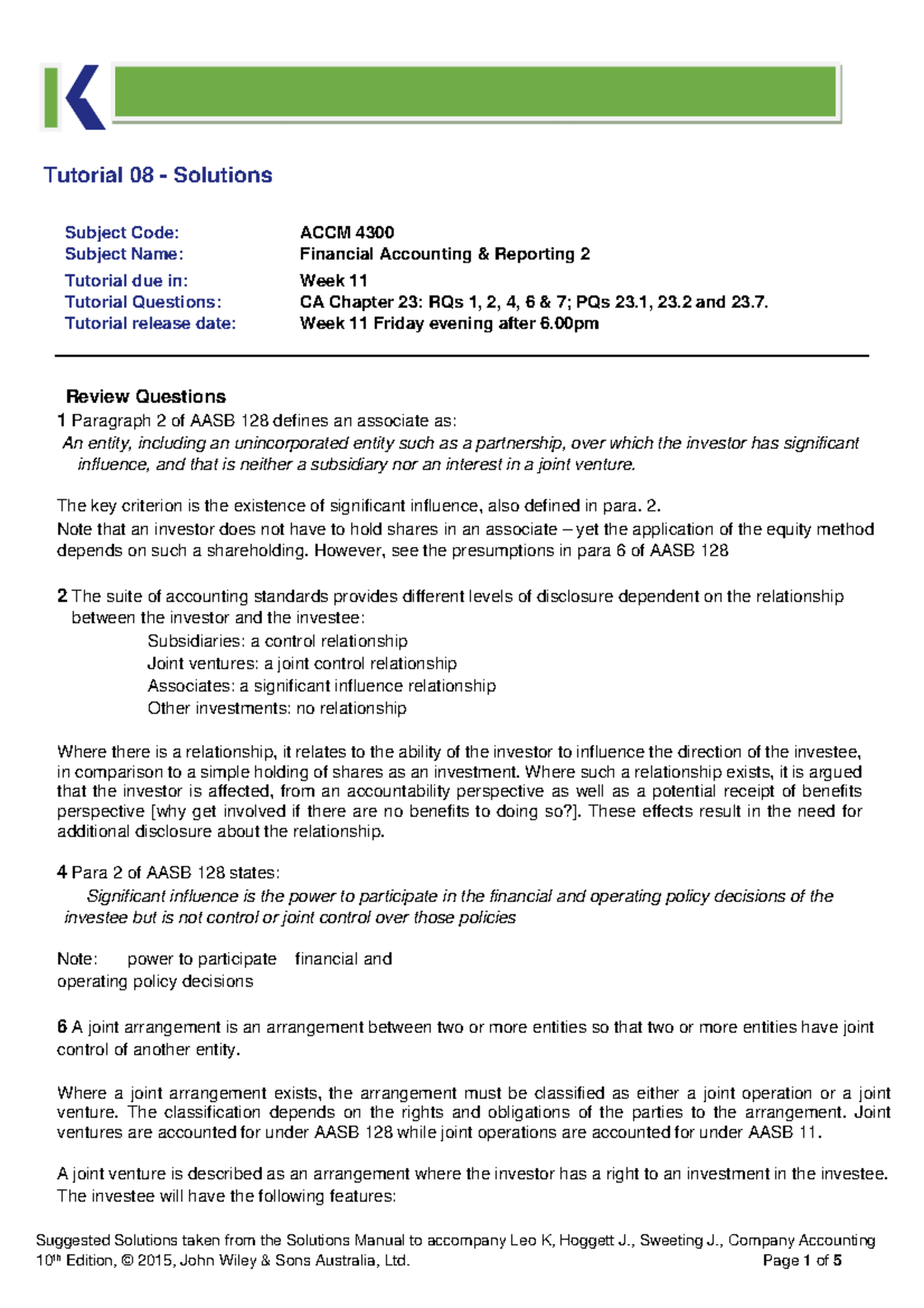 Solution for chapter 23 - Tutorial 08 - Solutions Subject Code: Subject Name: ACCM 4300 ...