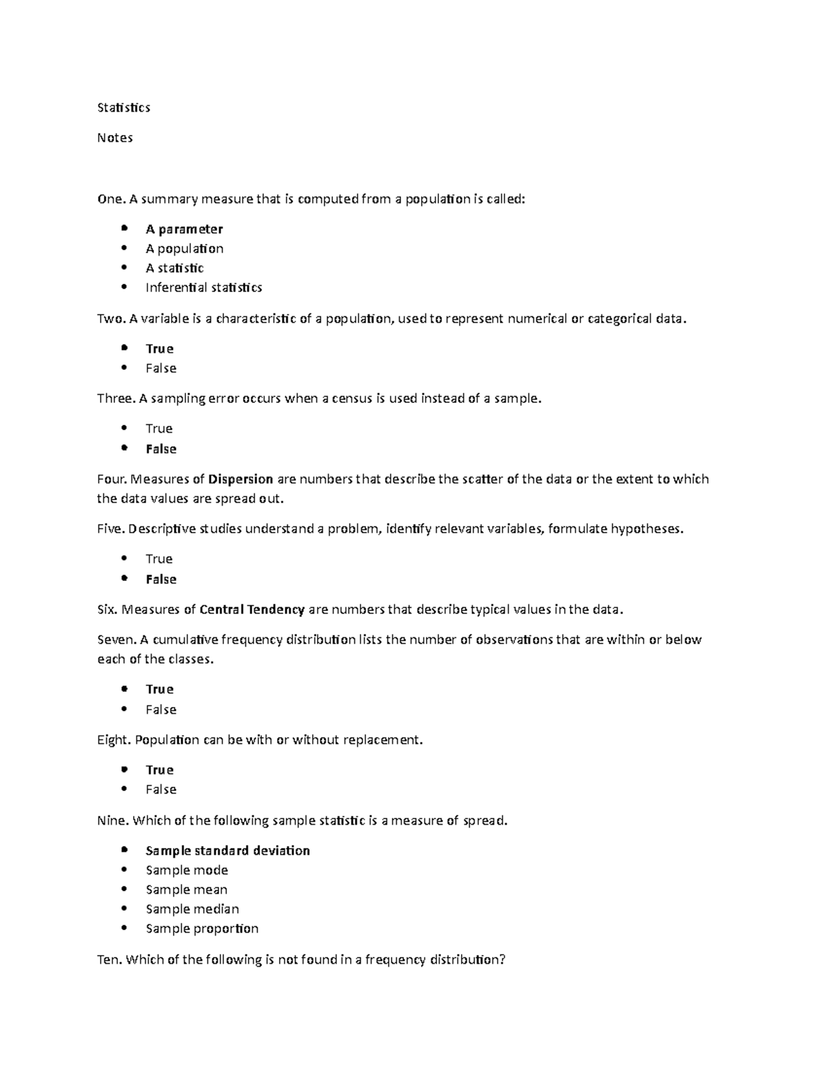 Statistics notes - Statistics Notes One. A summary measure that is ...