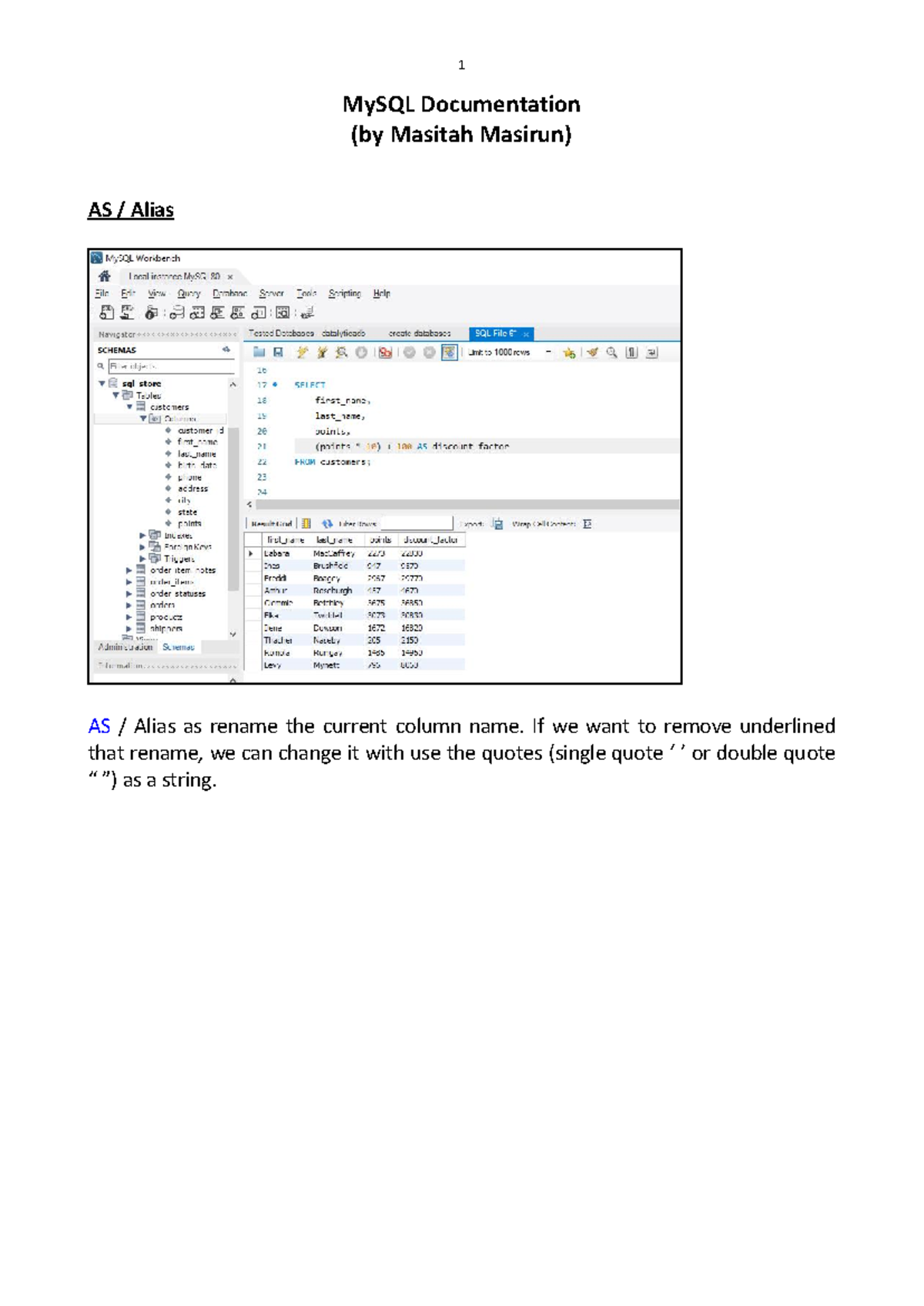 My SQL Documentation - MySQL Documentation (by Masitah Masirun) AS / Alias AS / Alias as rename ...