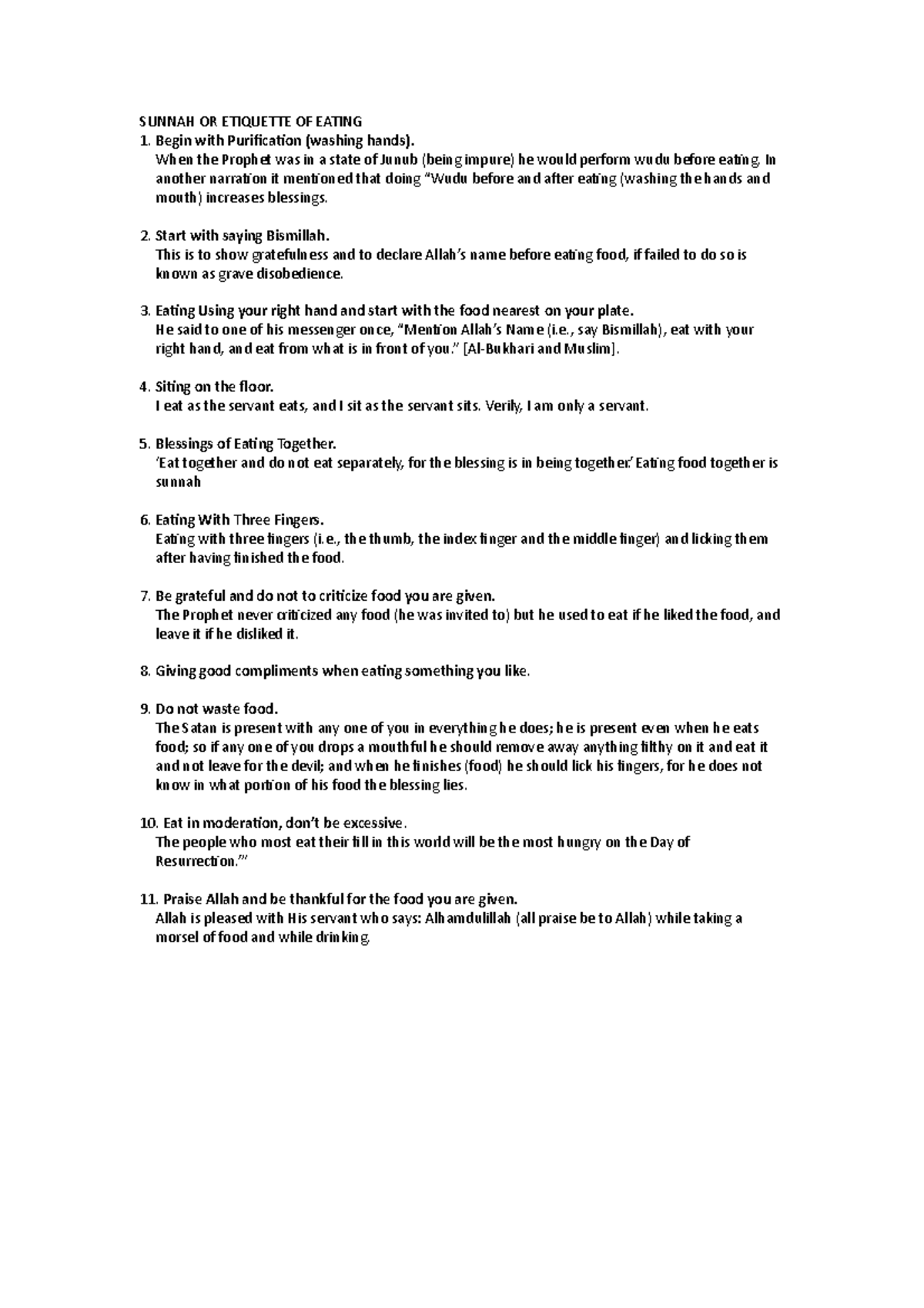 Sunnah OR Etiquette OF Eating - SUNNAH OR ETIQUETTE OF EATING Begin ...