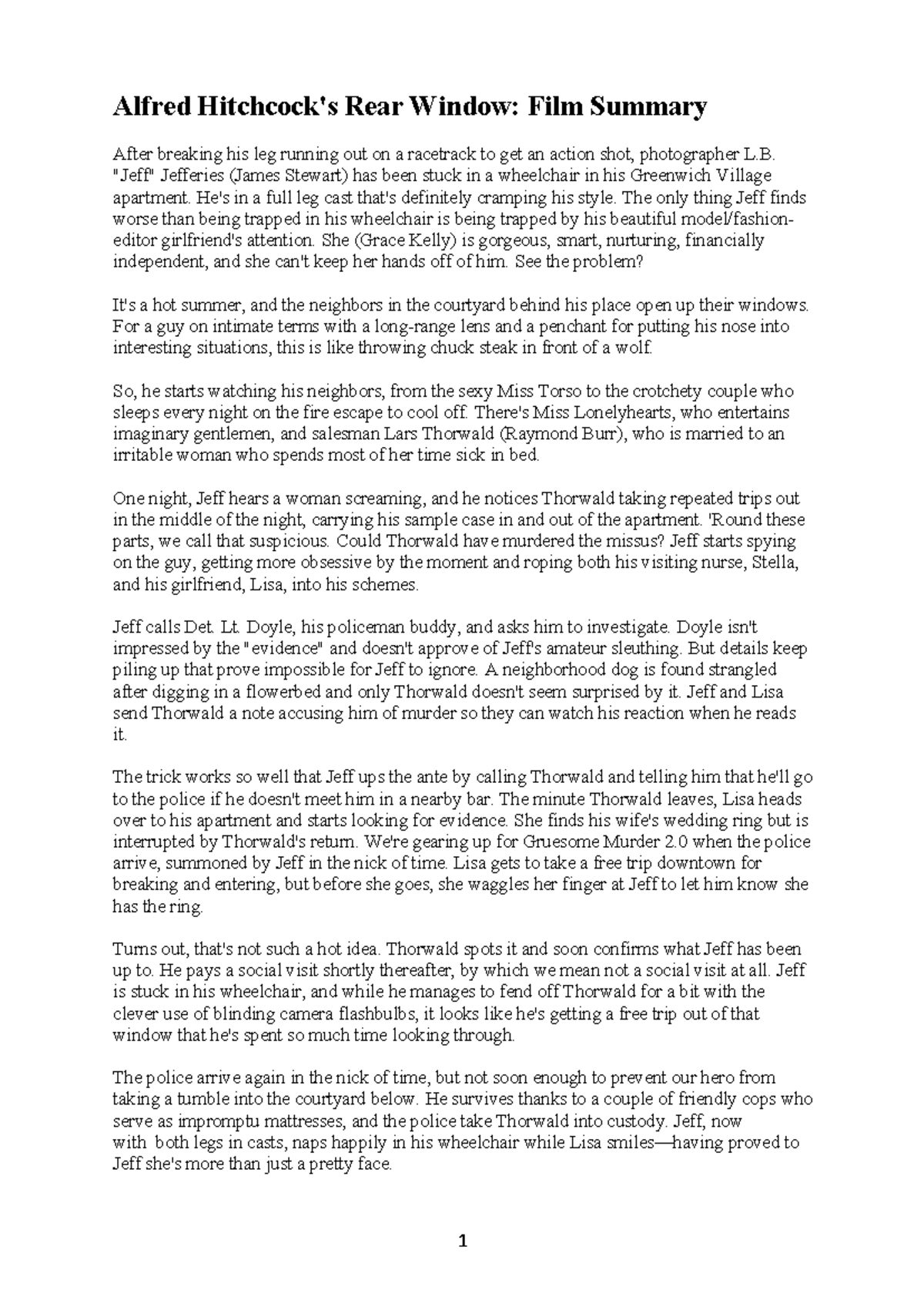 Alfred Hitchcock - Rear Window - Summary and Themes - Alfred Hitchcock ...