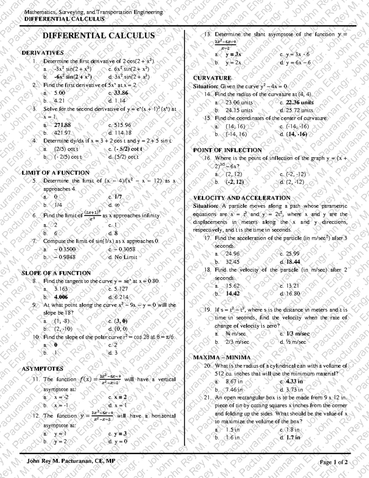 Differential-calculus - Page 1 of 2 John Rey M. Pacturanan, CE, MP ...