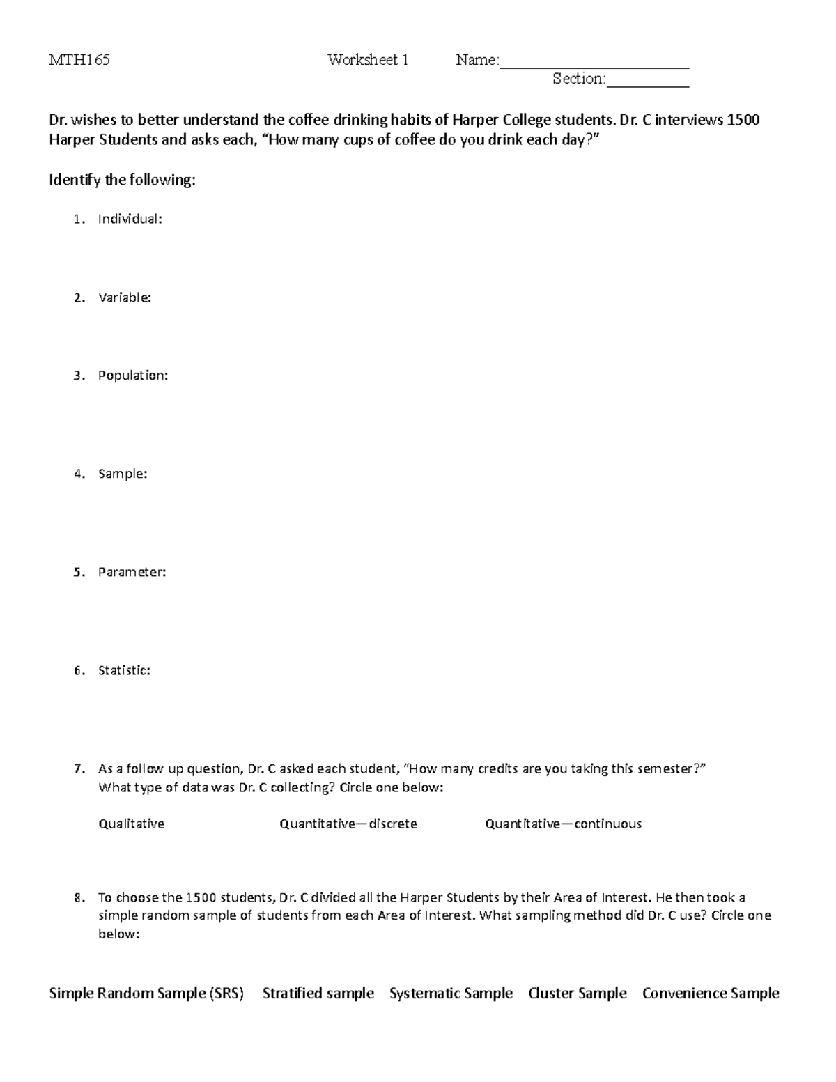 Math 165 Worksheet 1 - MATH ASSIGNMENT - MTH165 Worksheet 1 Name