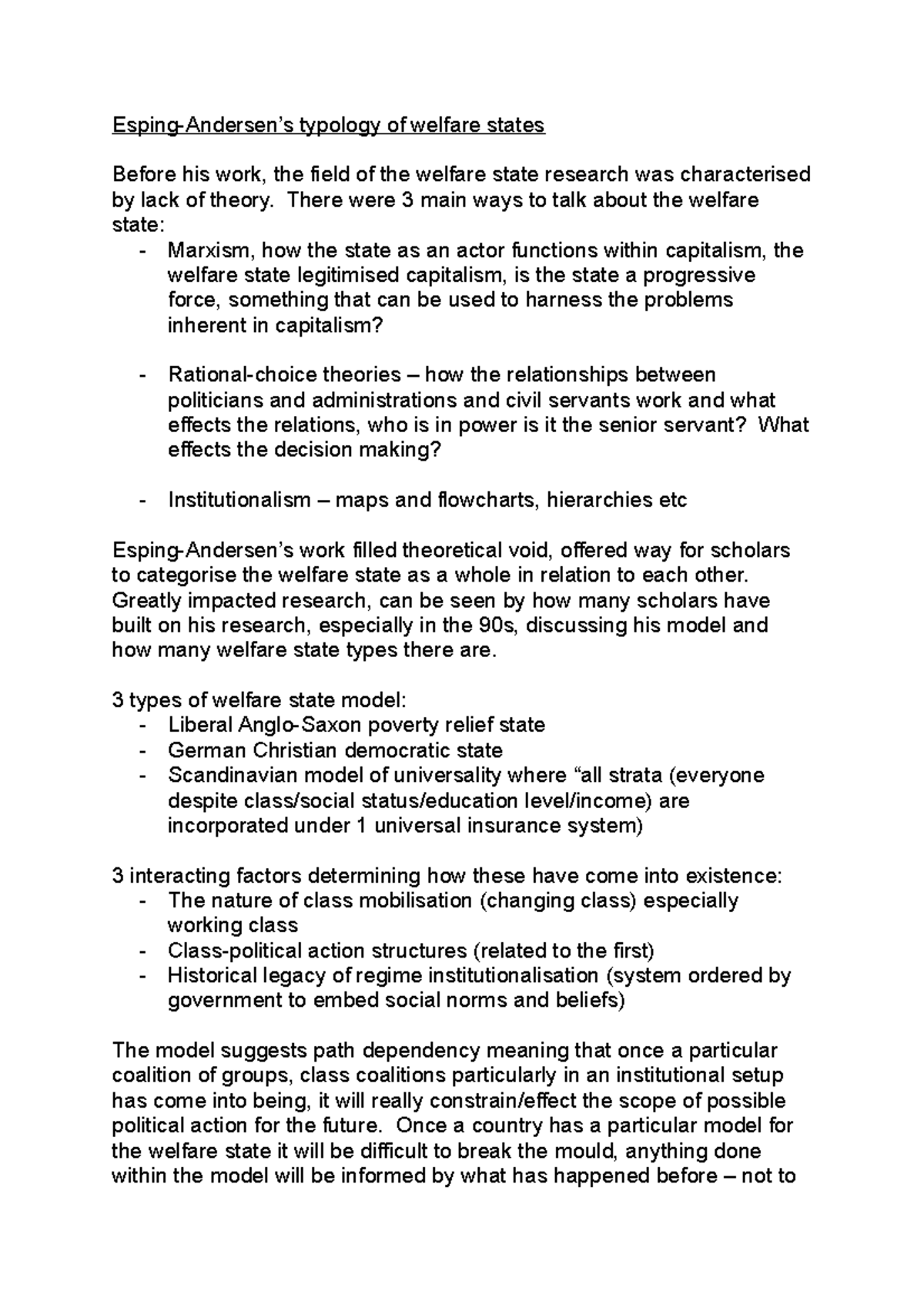 Esping-Andersen notes - Esping-Andersen’s typology of welfare states ...