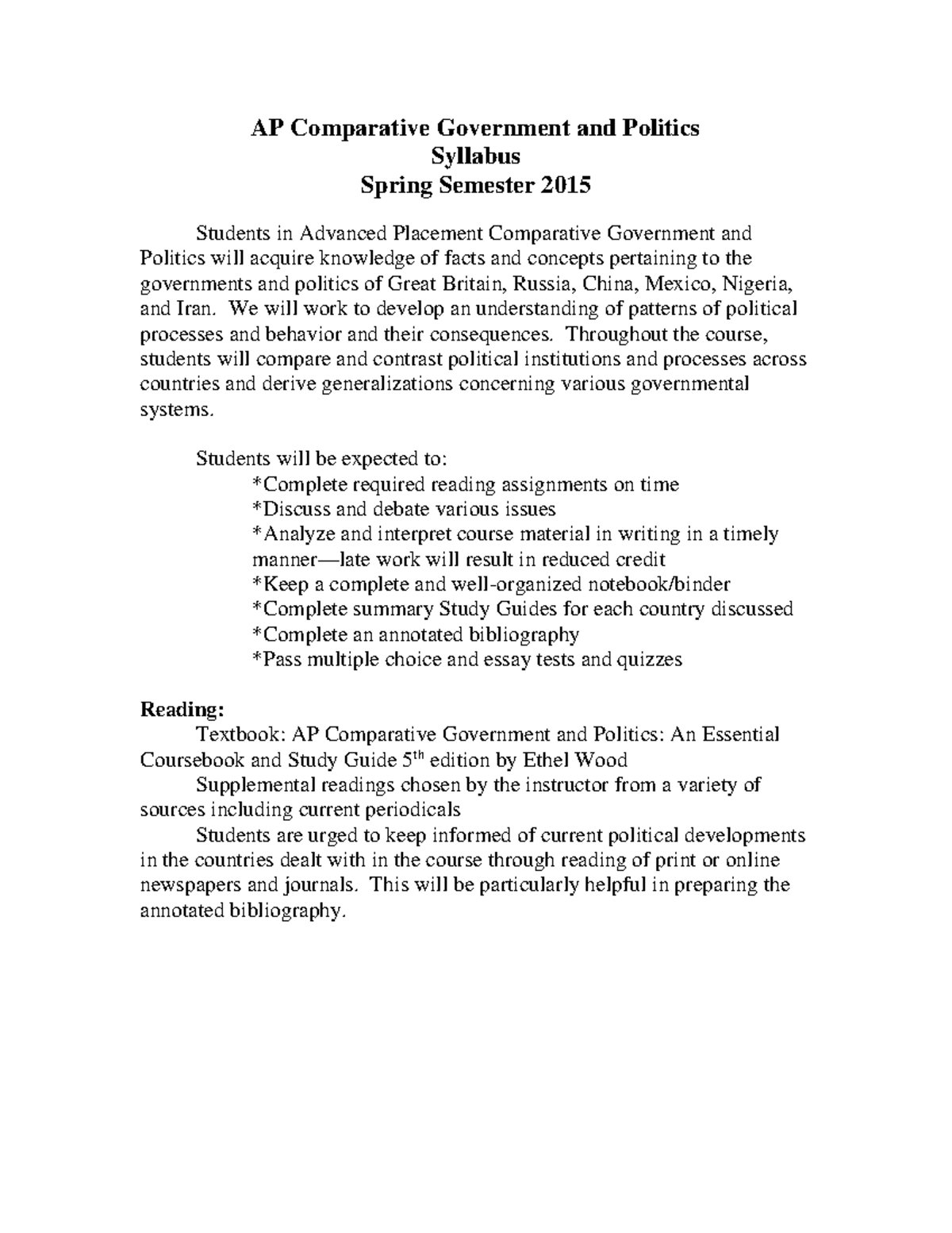 Syllabus. Comparative Government and Politics - AP Comparative ...