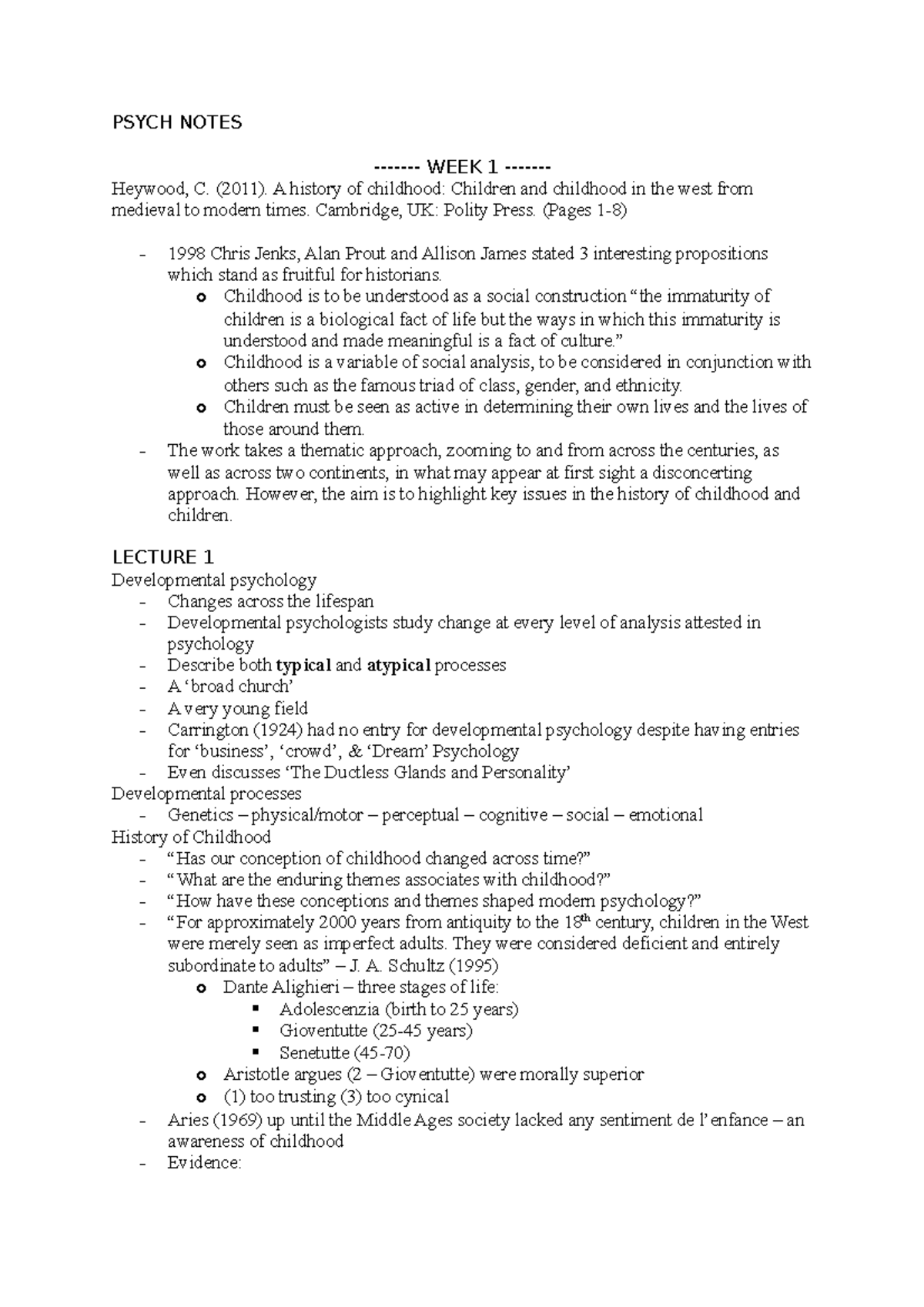 Psych Notes - PSYCH NOTES - WEEK 1 - Heywood, C. (2011). A history of ...