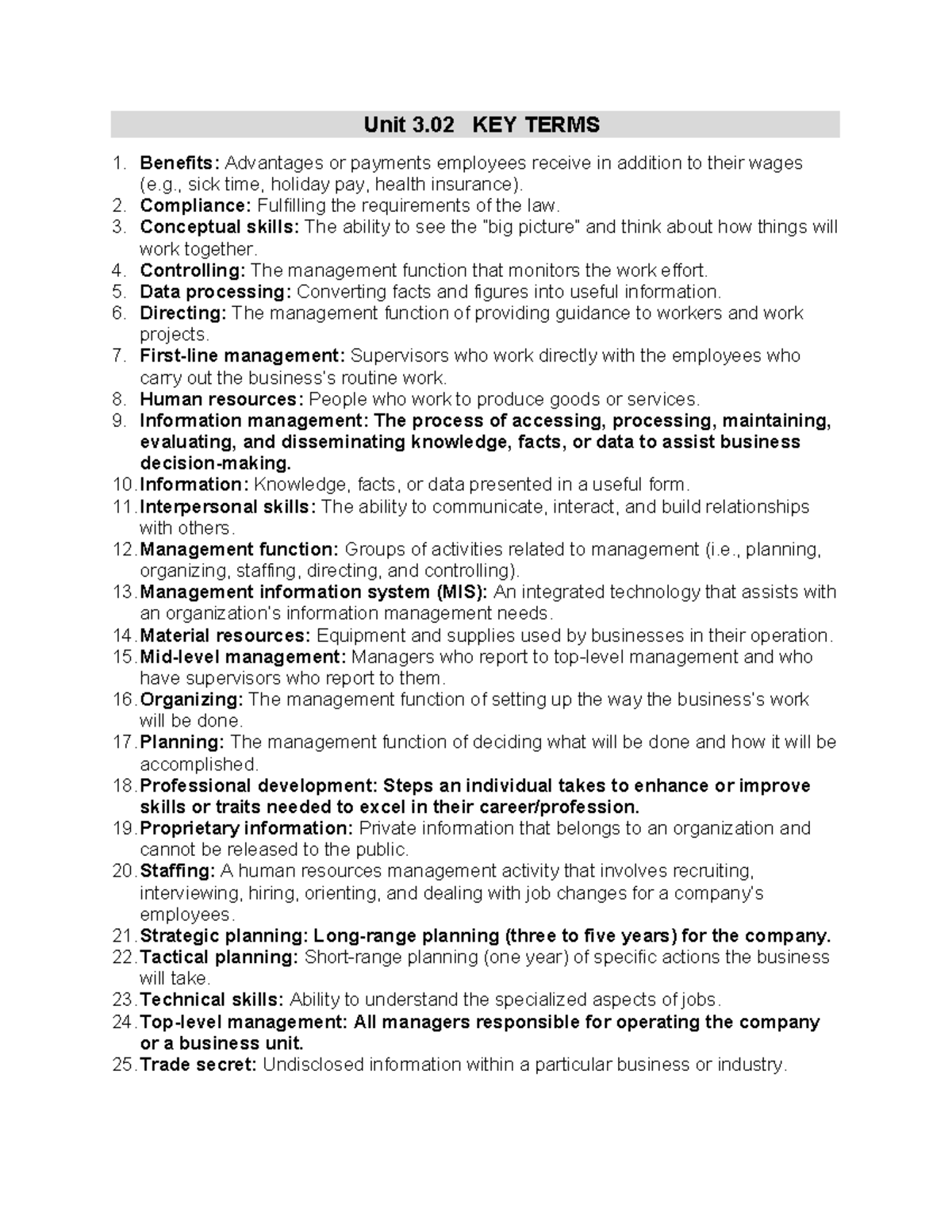 Objective 3.02 Terms - notes - Unit 3 KEY TERMS 1. Benefits: Advantages ...