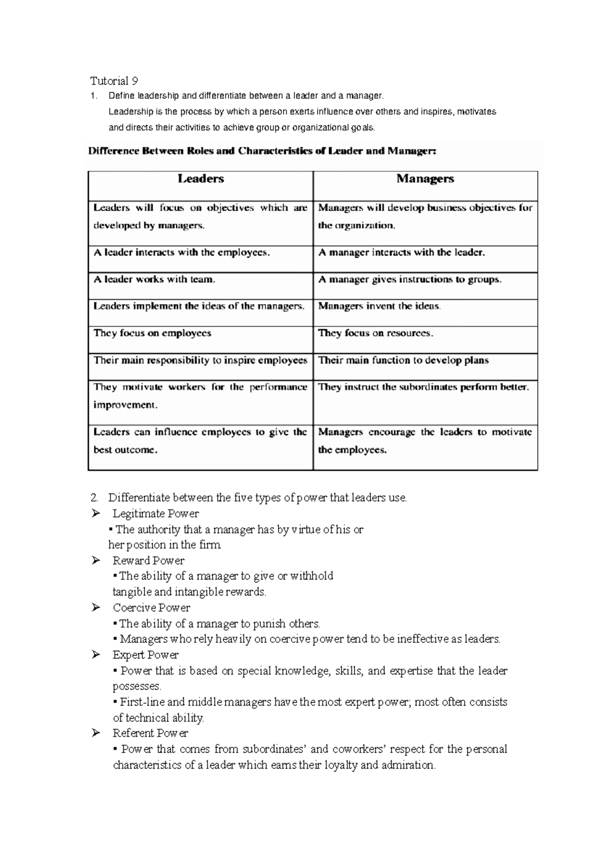 BBDM1023 tutorial 9 - Tutorial 9 1. Define leadership and differentiate ...
