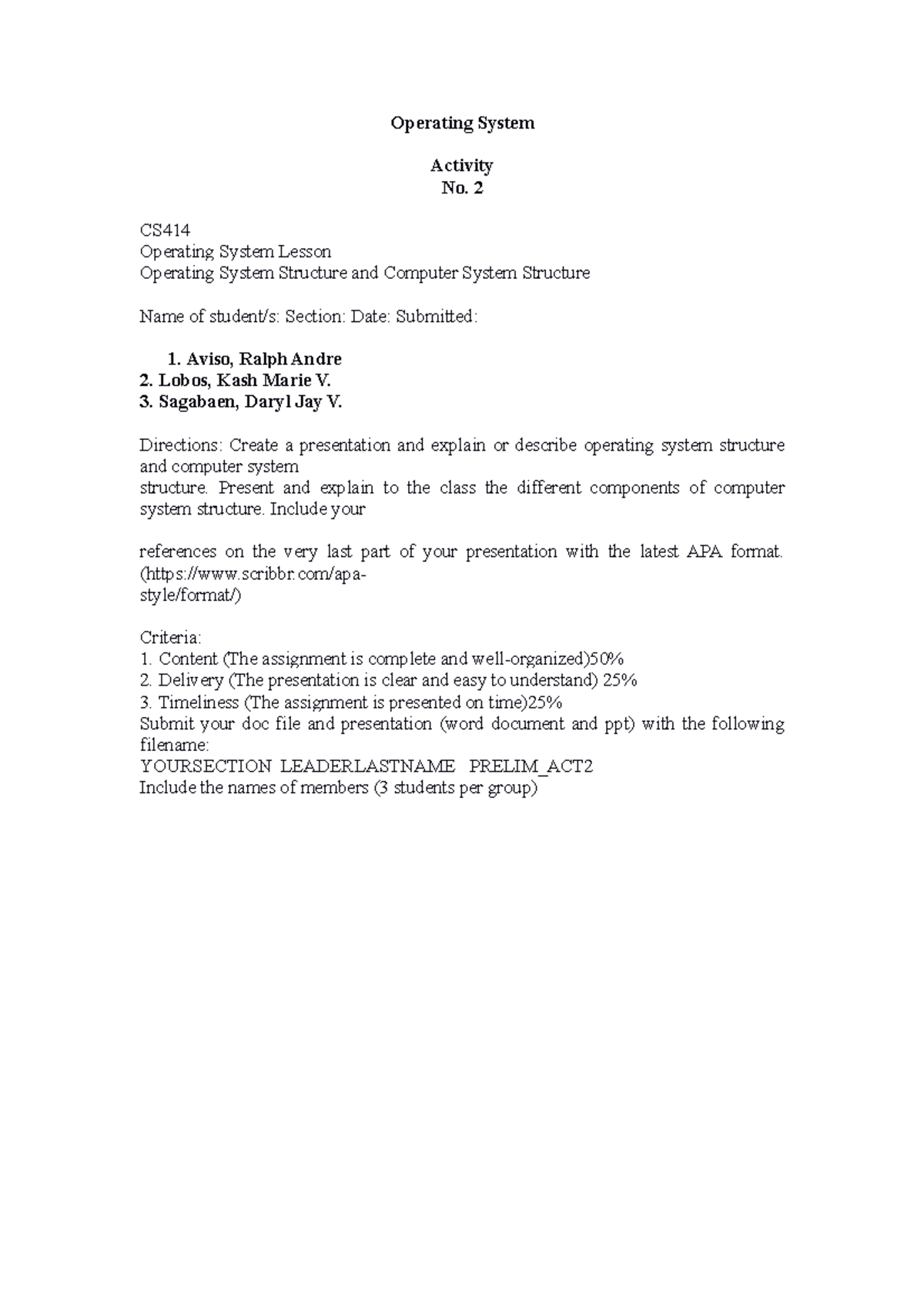 Bscs4 Aviso Prelim Act2 Operating System Activity No 2 Cs Operating System Lesson Operating