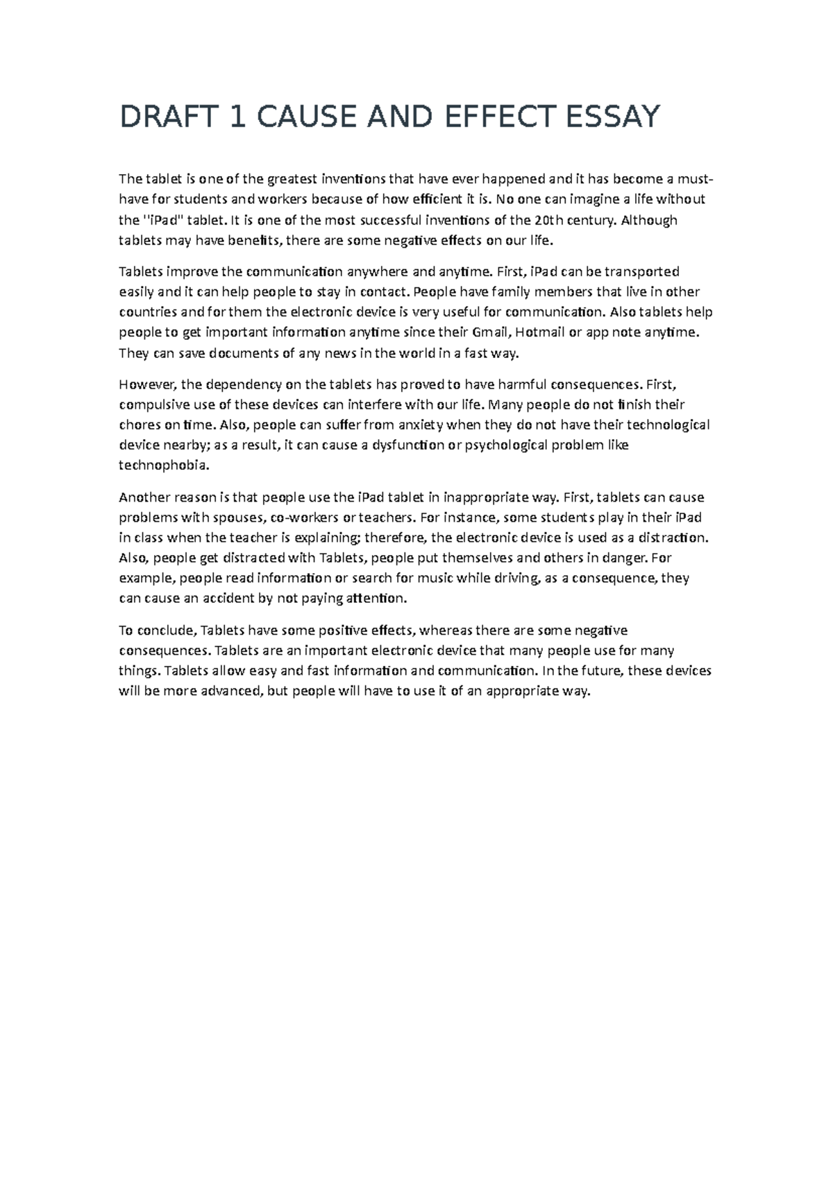 Draft 1 Cause AND Effect Essay - DRAFT 1 CAUSE AND EFFECT ESSAY The ...