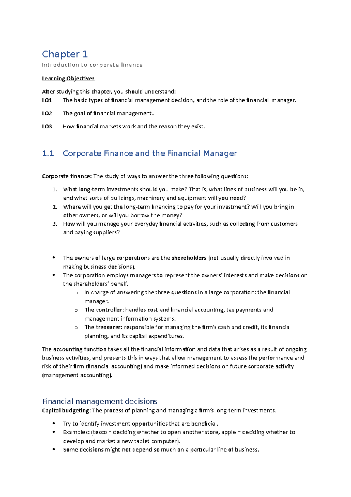 FRM - Notes Chapter 1, 2, 3 - Chapter 1 Introduction to corporate ...