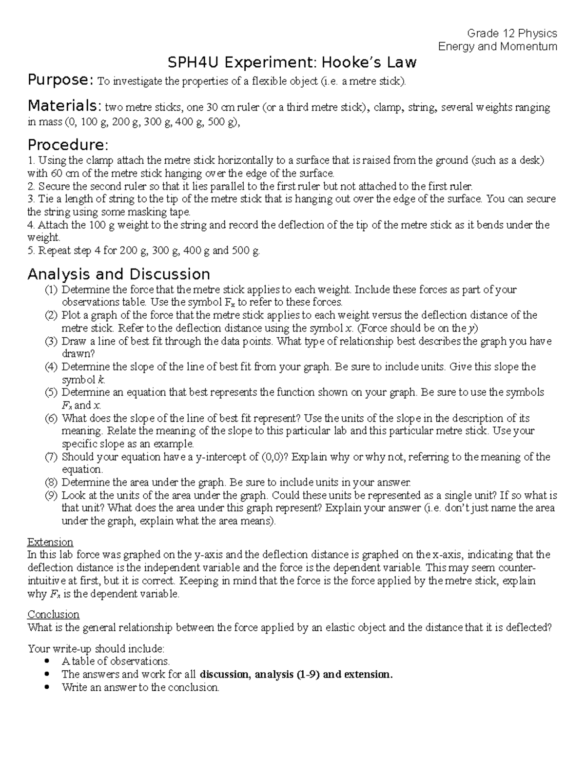 02 Hookes Law with a Metre Stick Discovery Lab MACS - Grade 12 Physics ...