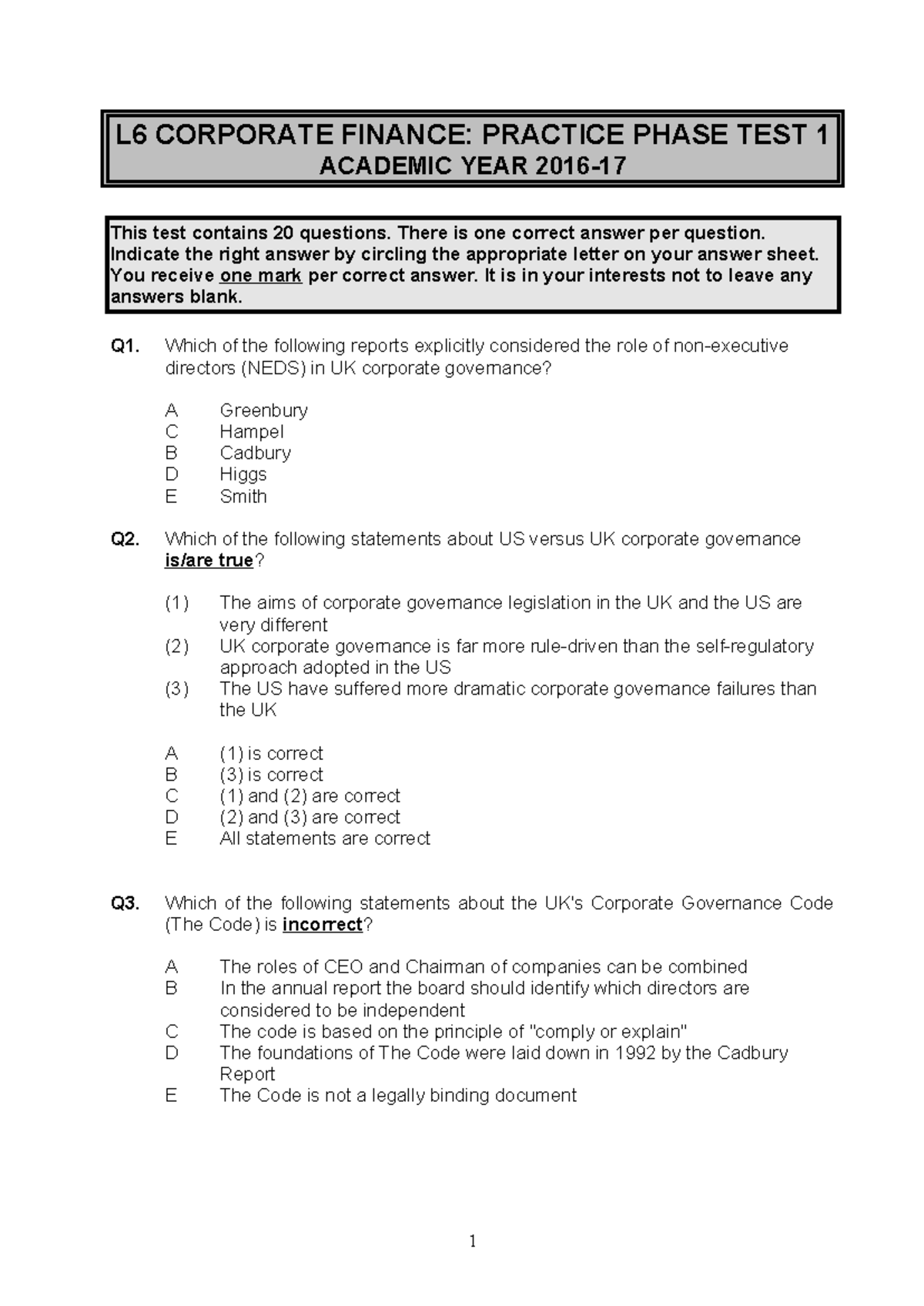 Corporate Finance Practice Phase Test 1 2016-17 Practice - L6 CORPORATE ...