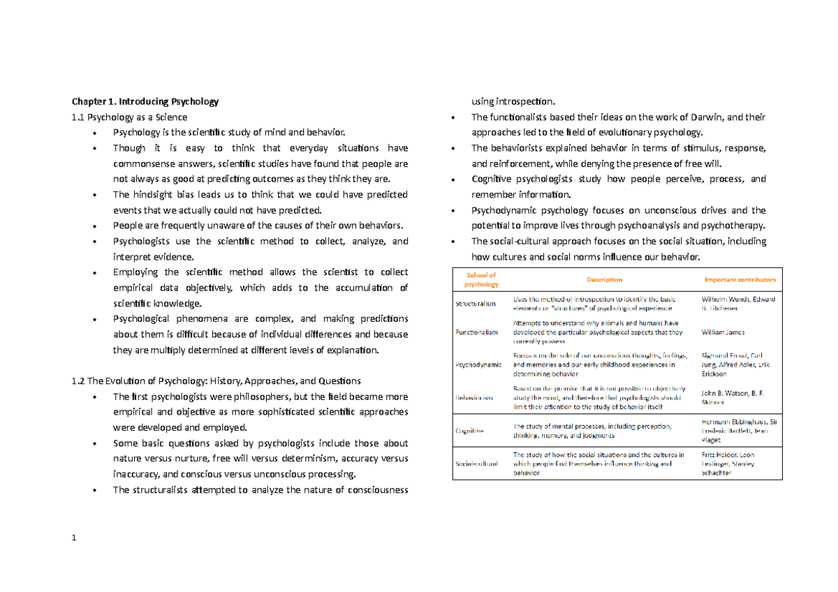 HKU PSYC1001 Intro to PSYC Textbook Key Notes Summary - Chapter 1 ...