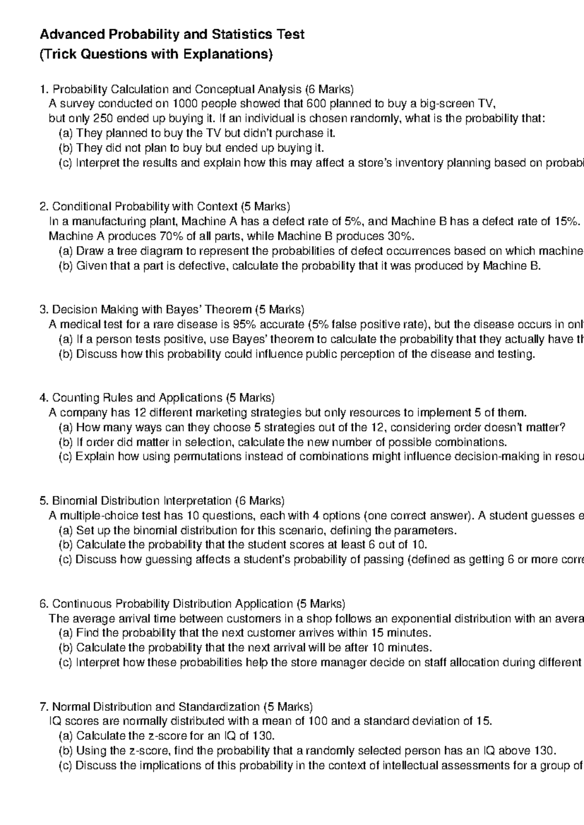 Advanced Probability Test with Answers - Advanced Probability and ...