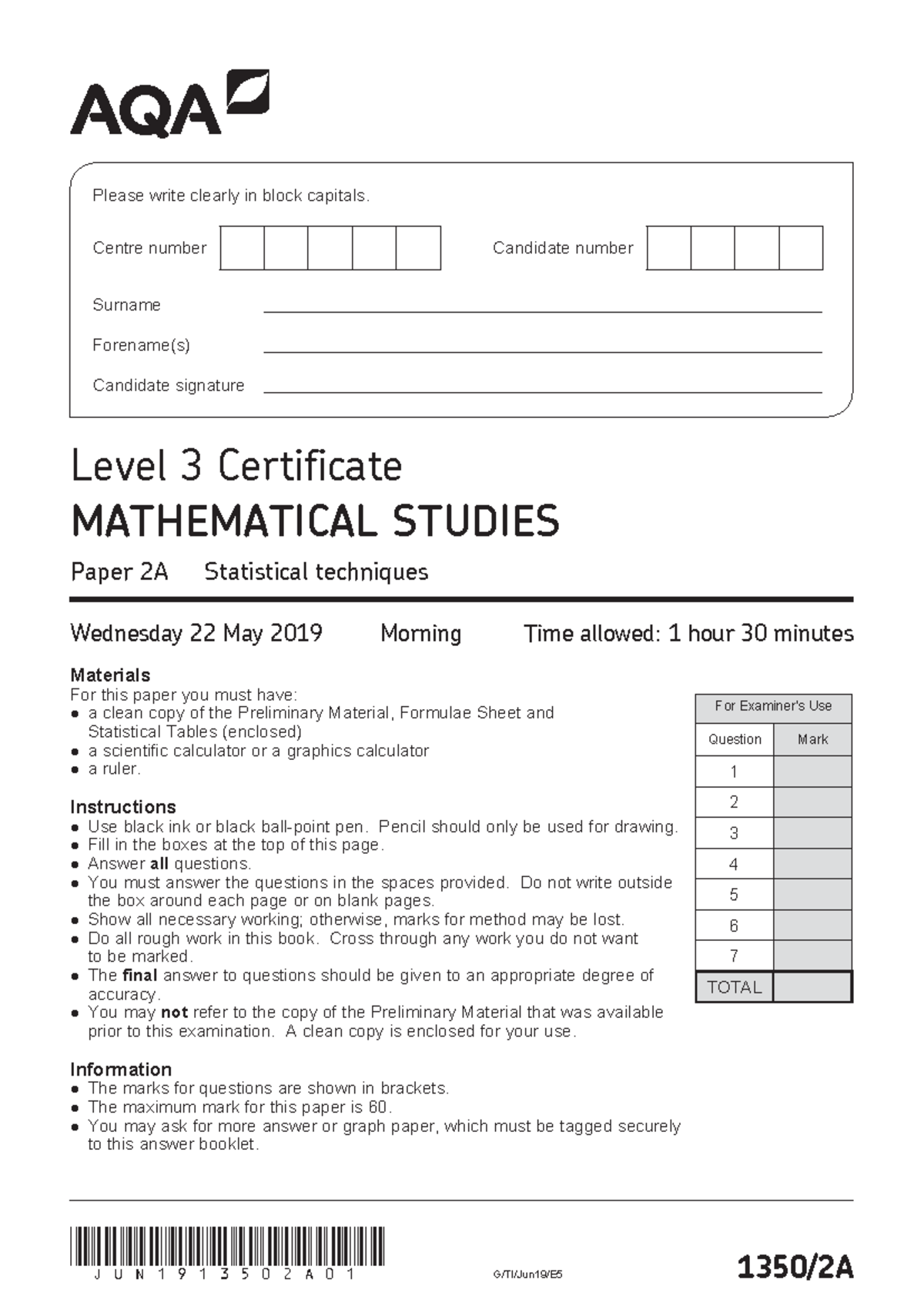 2019 Paper 2A - G/TI/Jun19/E5 1350/2A (JUN1913502A01) Level 3 ...