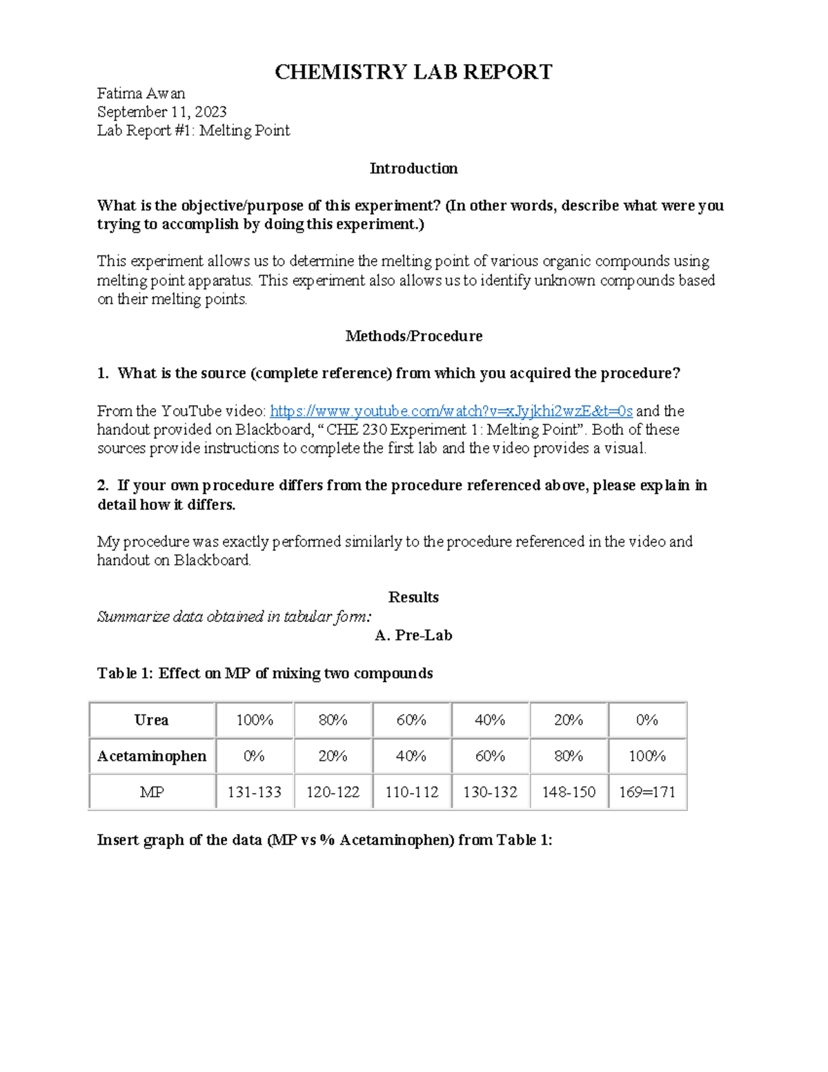 Melting Point Lab Report 1 - CHEMISTRY LAB REPORT Fatima Awan September ...