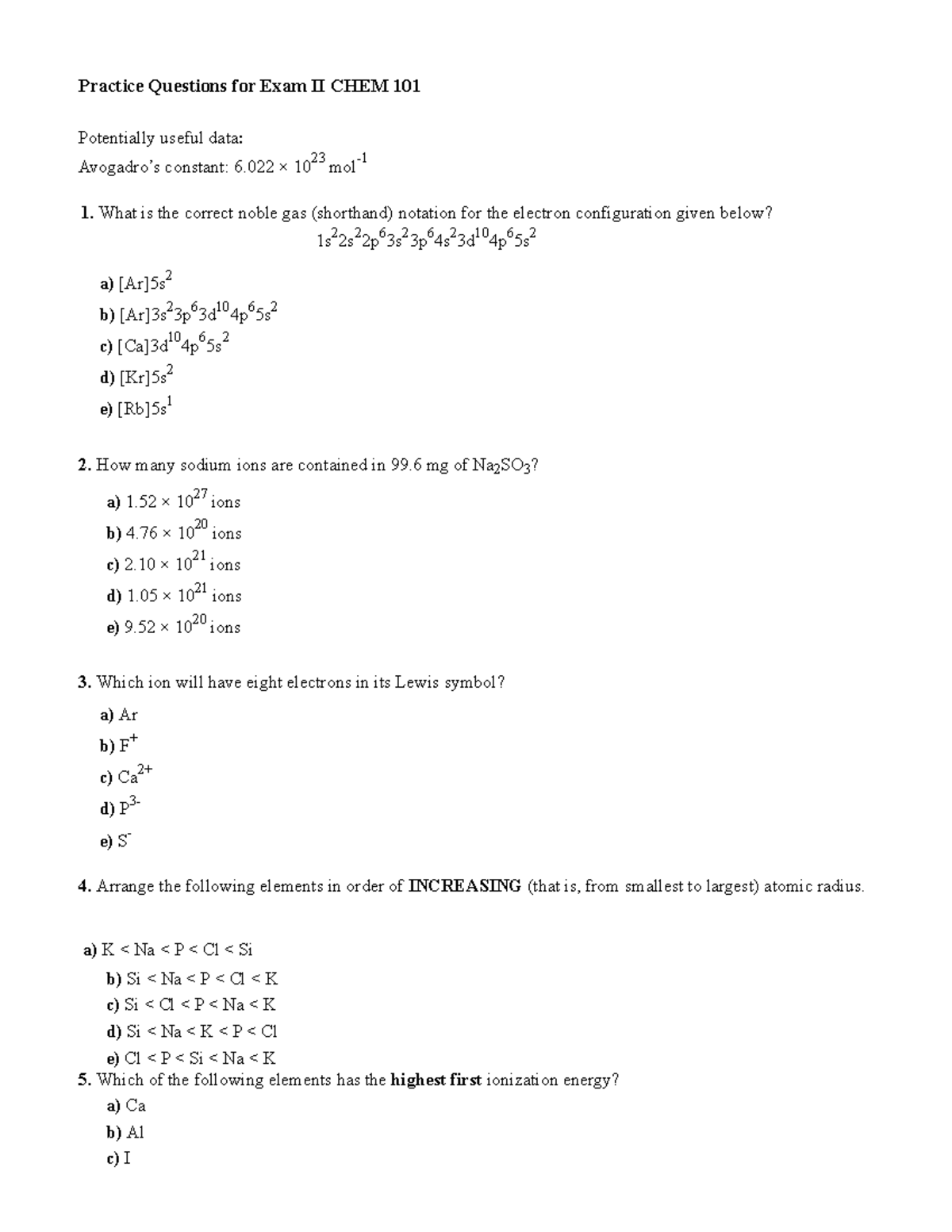 Practice Questions for Exam II 101 F20 - Practice Questions for Exam II CHEM 101 Potentially ...
