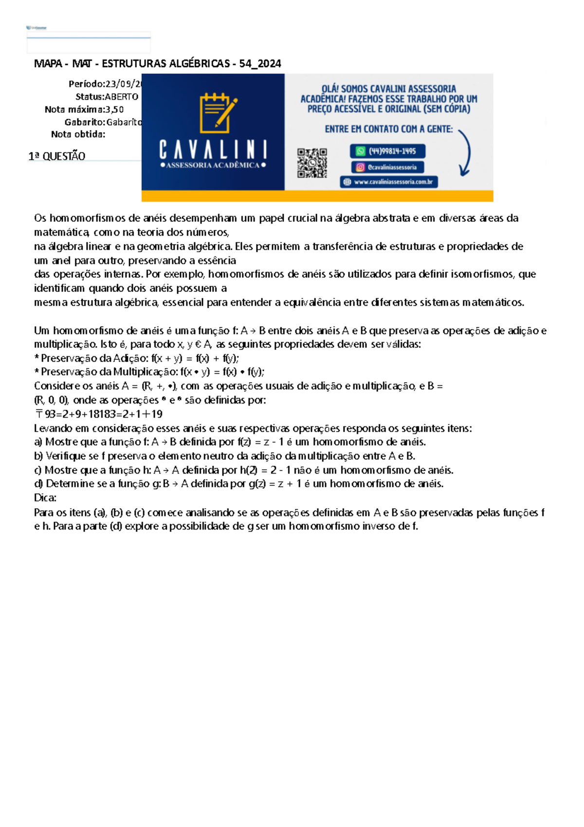 MAPA - MAT - Estruturas Algébricas - 54-2024 - MAPA - MAT - ESTRUTURAS ALGÉBRICAS - 54_ - Studocu