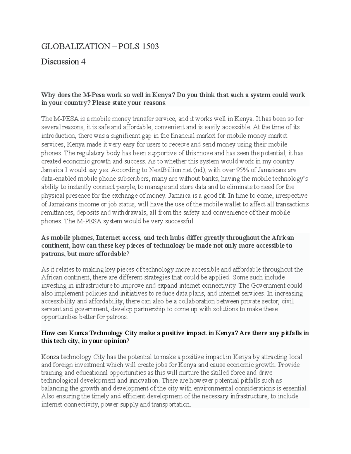 Globalization - Discussion 4 - GLOBALIZATION – POLS 1503 Discussion 4 ...