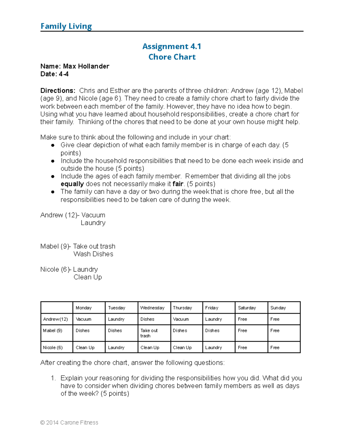 4 1assignment - For online health 1 - Family Living Assignment 4. Chore ...