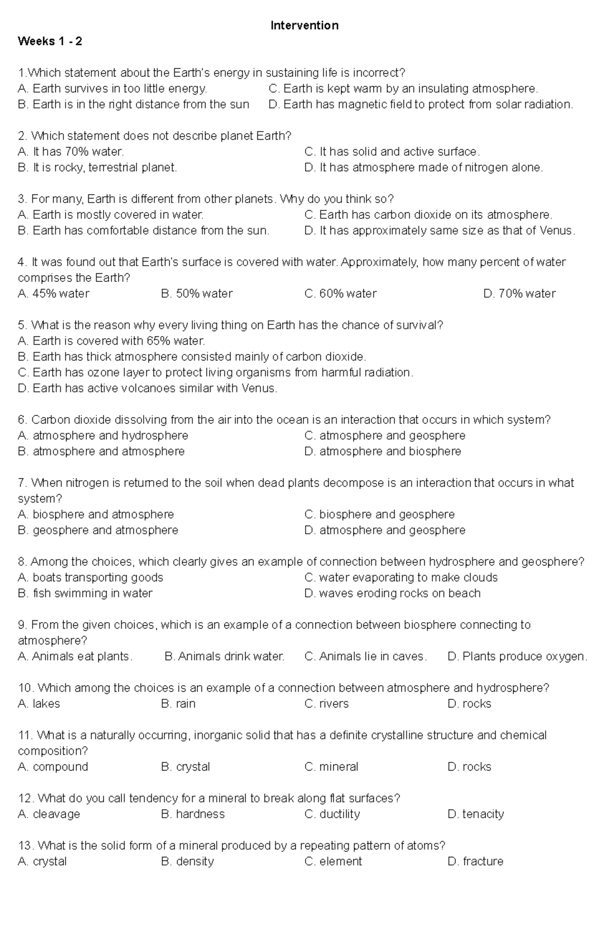 Intervention - Earth and Life Science - Intervention Weeks 1 - 2 1 ...