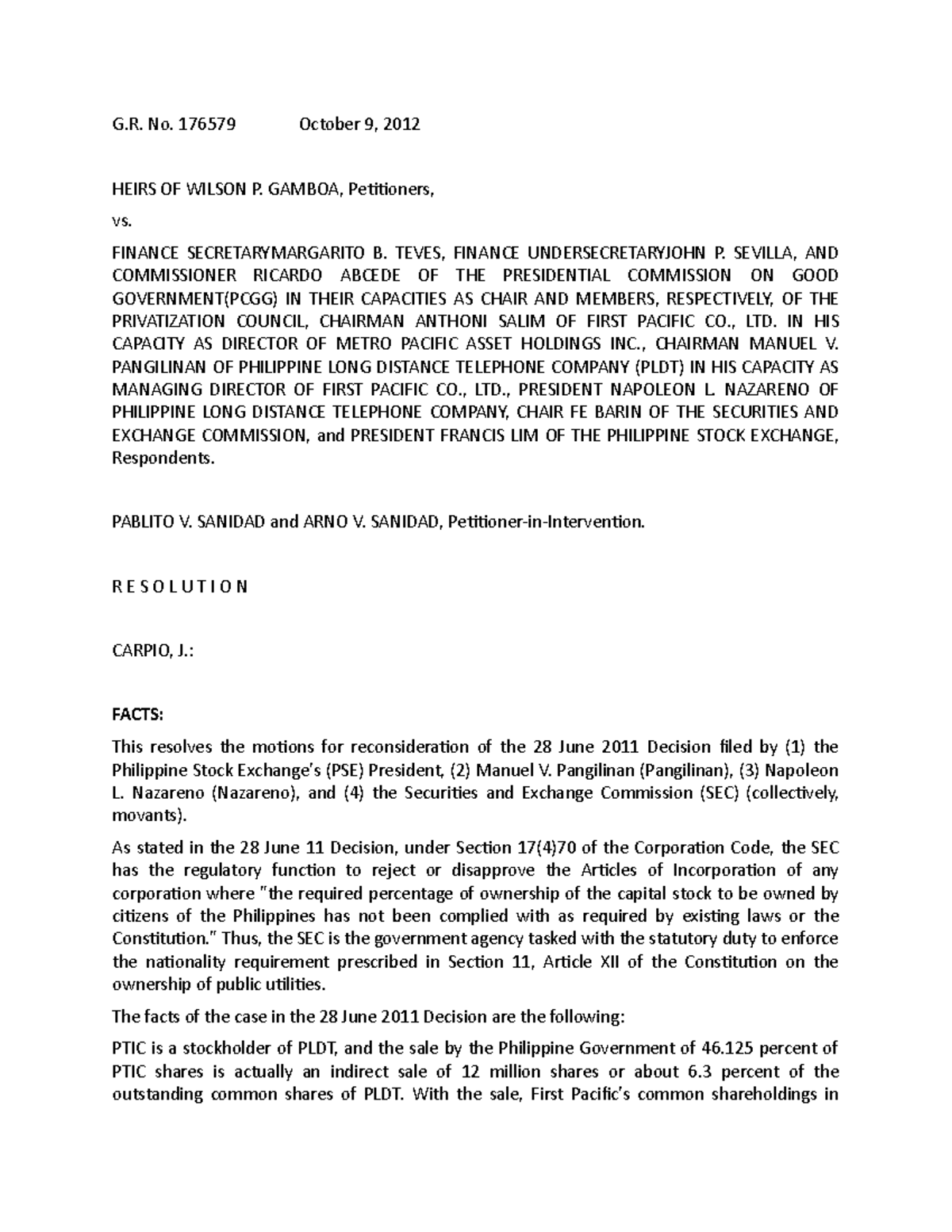 Gamboa v Teves - Case Digest - G. No. 176579 October 9, 2012 HEIRS OF ...