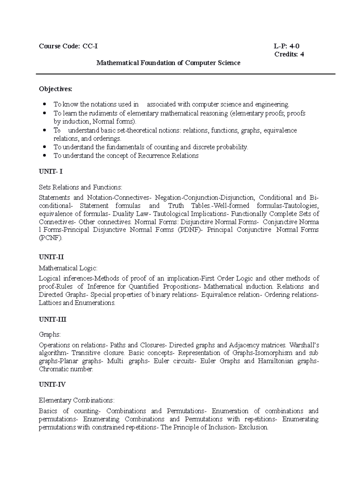 Mfc - notes - Course Code: CC-I L-P: 4- Credits: 4 Mathematical ...