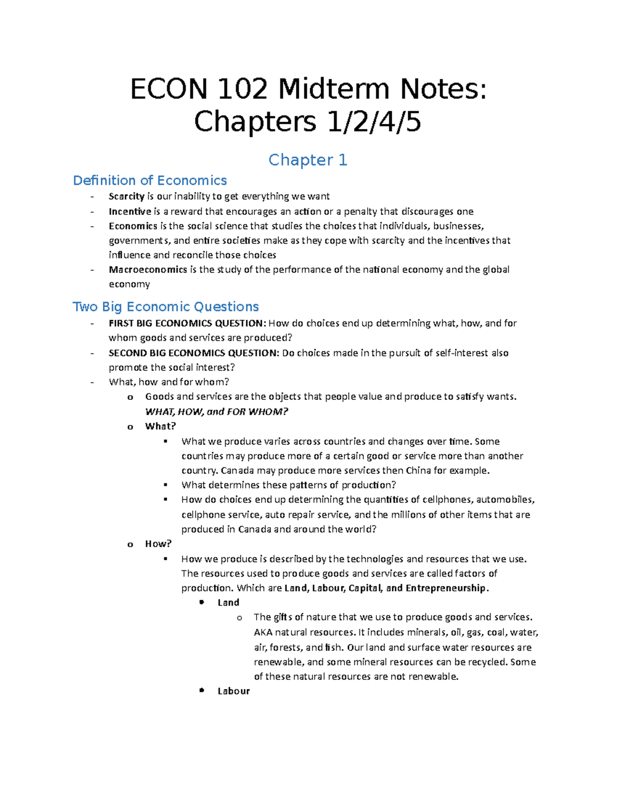 ECON 102 Midterm Notes - ECON 102 Midterm Notes: Chapters 1/2/4 ...