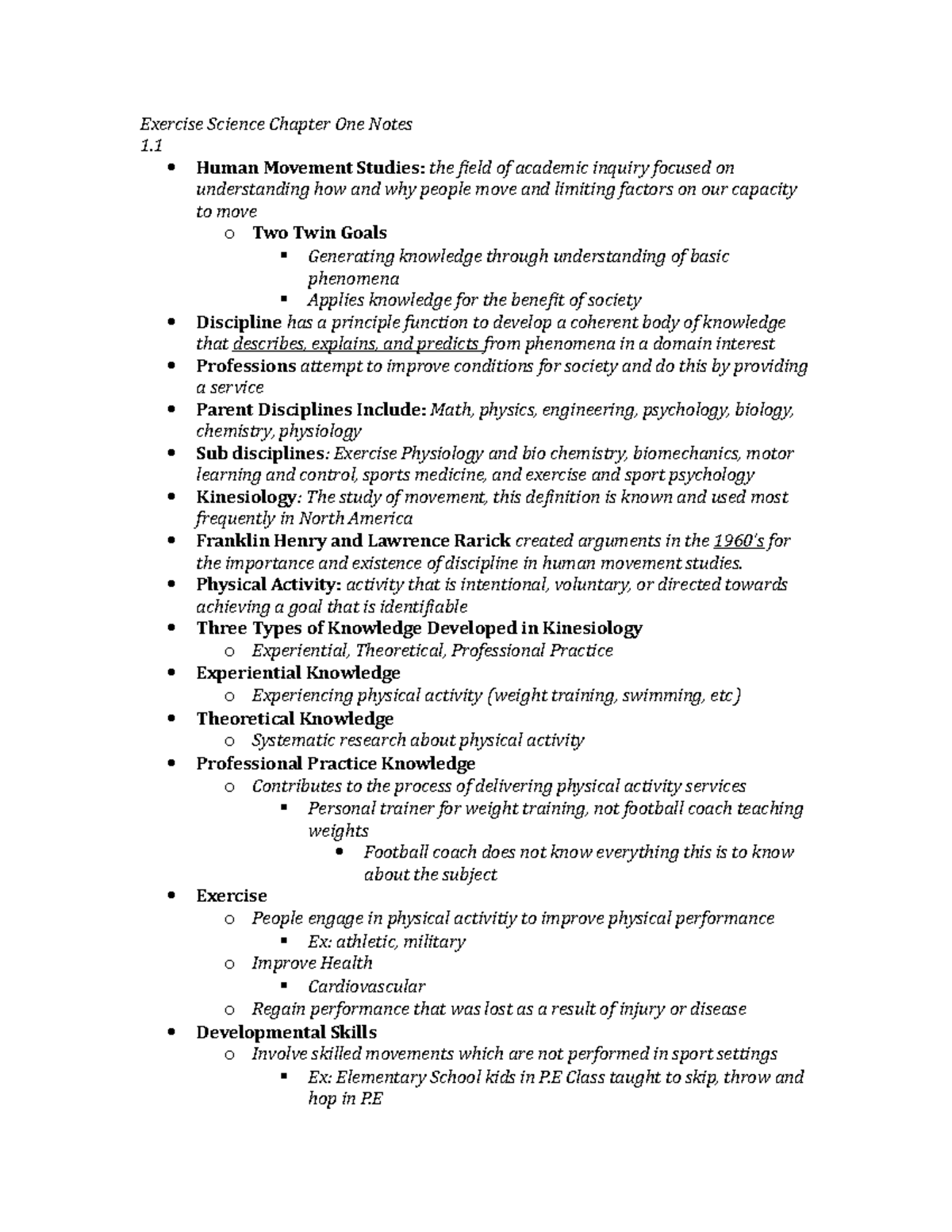 Exercise Science 1 - Lecture notes 1 - Exercise Science Chapter One ...