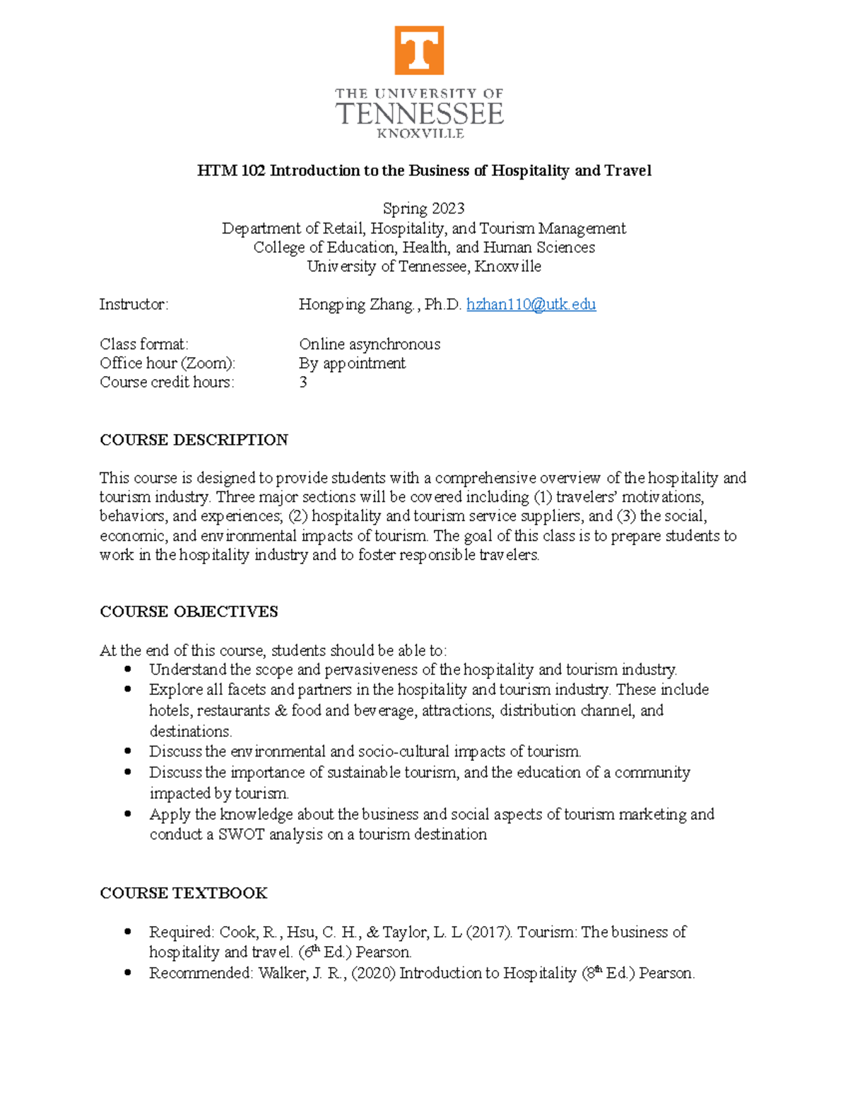HTM 102 Intro to tourism and hospitality Syllabus Spring 2023 - HTM 102 ...
