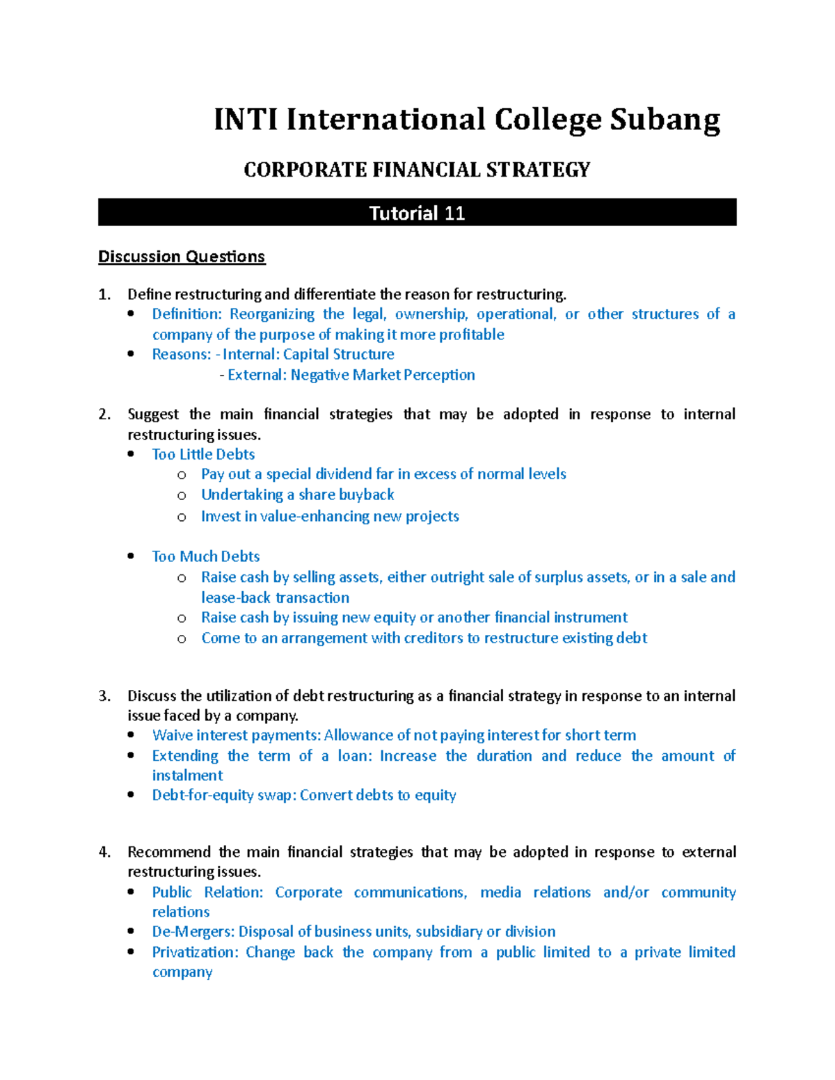 FIN4224 Tutorial 11 - try to do - INTI International College Subang CORPORATE FINANCIAL STRATEGY ...