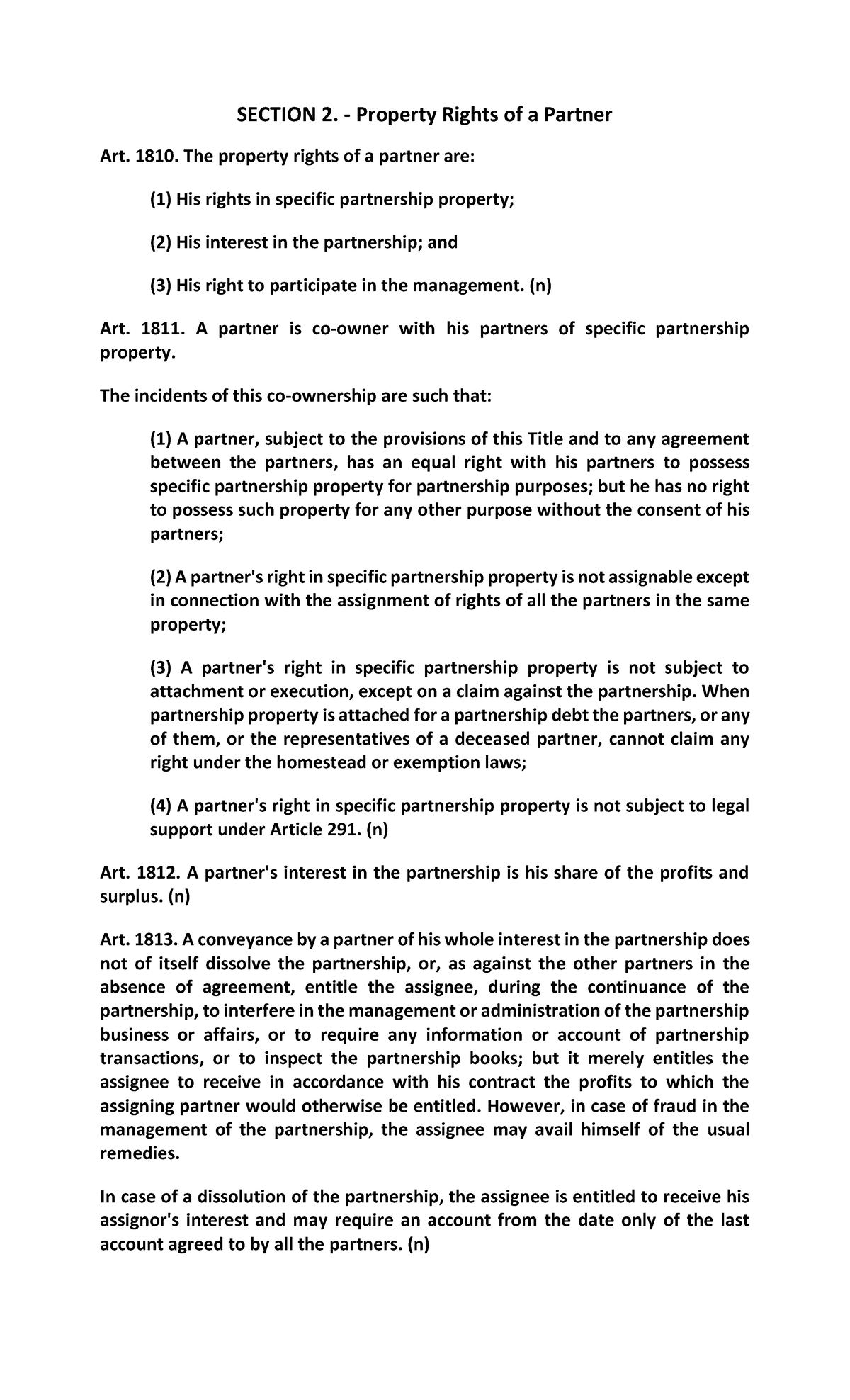 Article 1810 to 1814 - SECTION 2. - Property Rights of a Partner Art ...