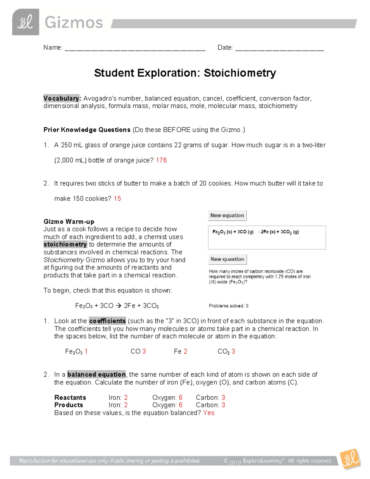 Gizmo Stoichiometry 2 - Assignment - Name ...