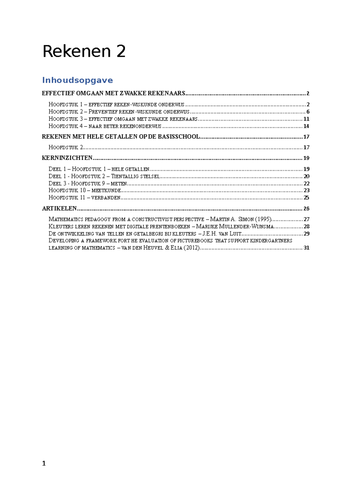 Samenvatting rekenen 2 AOLB - Inhoudsopgave Rekenen EFFECTIEF OMGAAN ...
