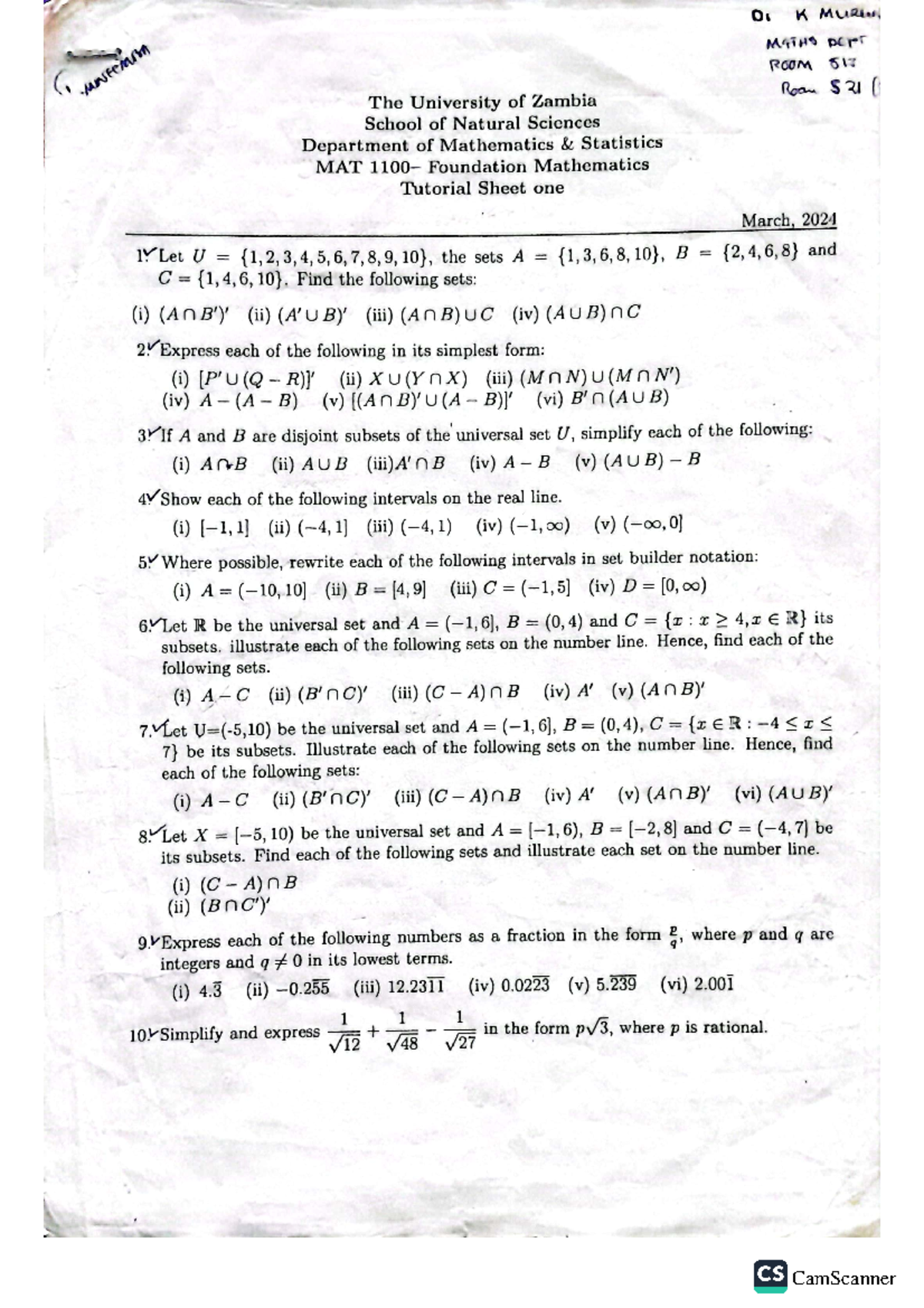 MAT1100 Tutorial Sheet 1 - 5 2024 - or K MURLON MATHS pept ROOM 813 ...