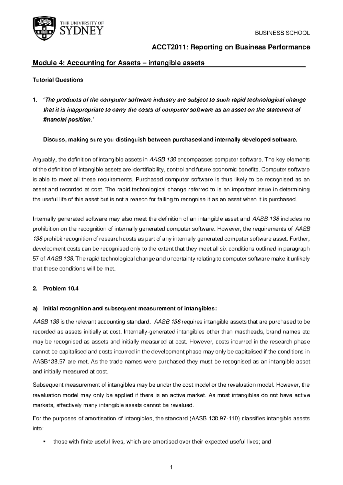 Module 4 - Tutorial Questions Guidance - BUSINESS SCHOOL 1 ACCT2011 ...