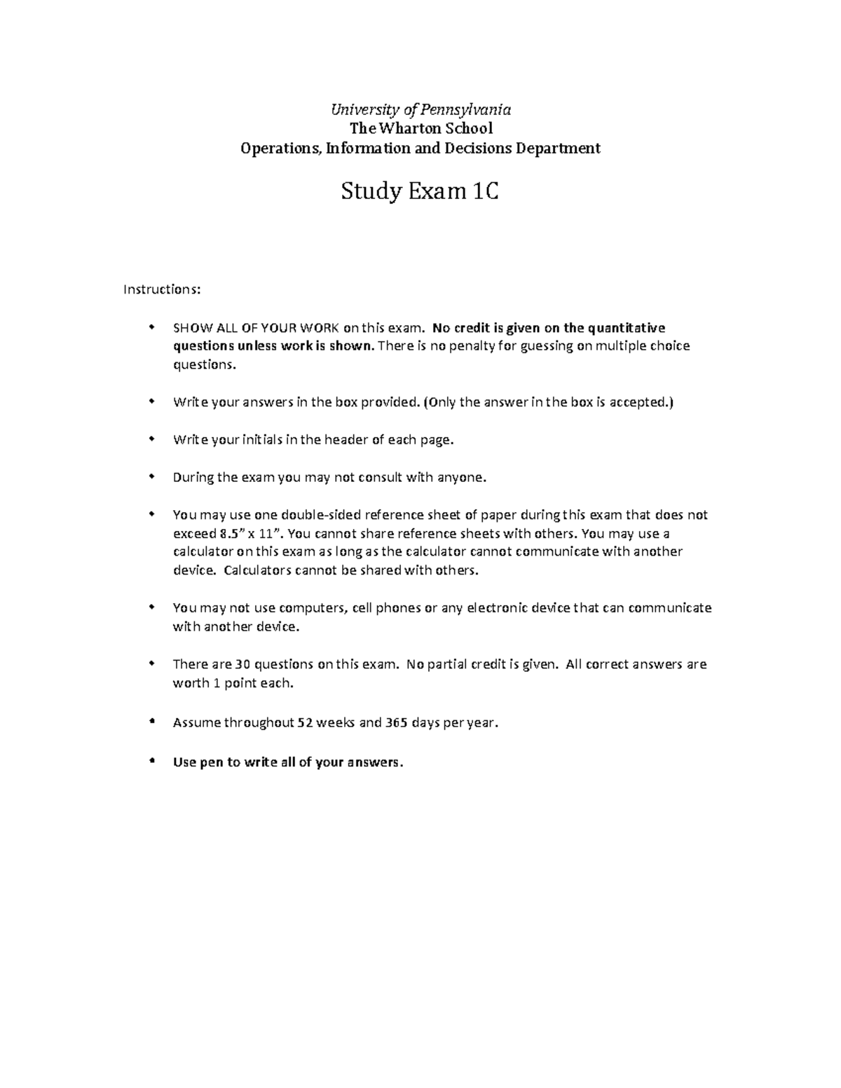 OIDD101 - Study Exam 1c solutions - University of Pennsylvania The ...