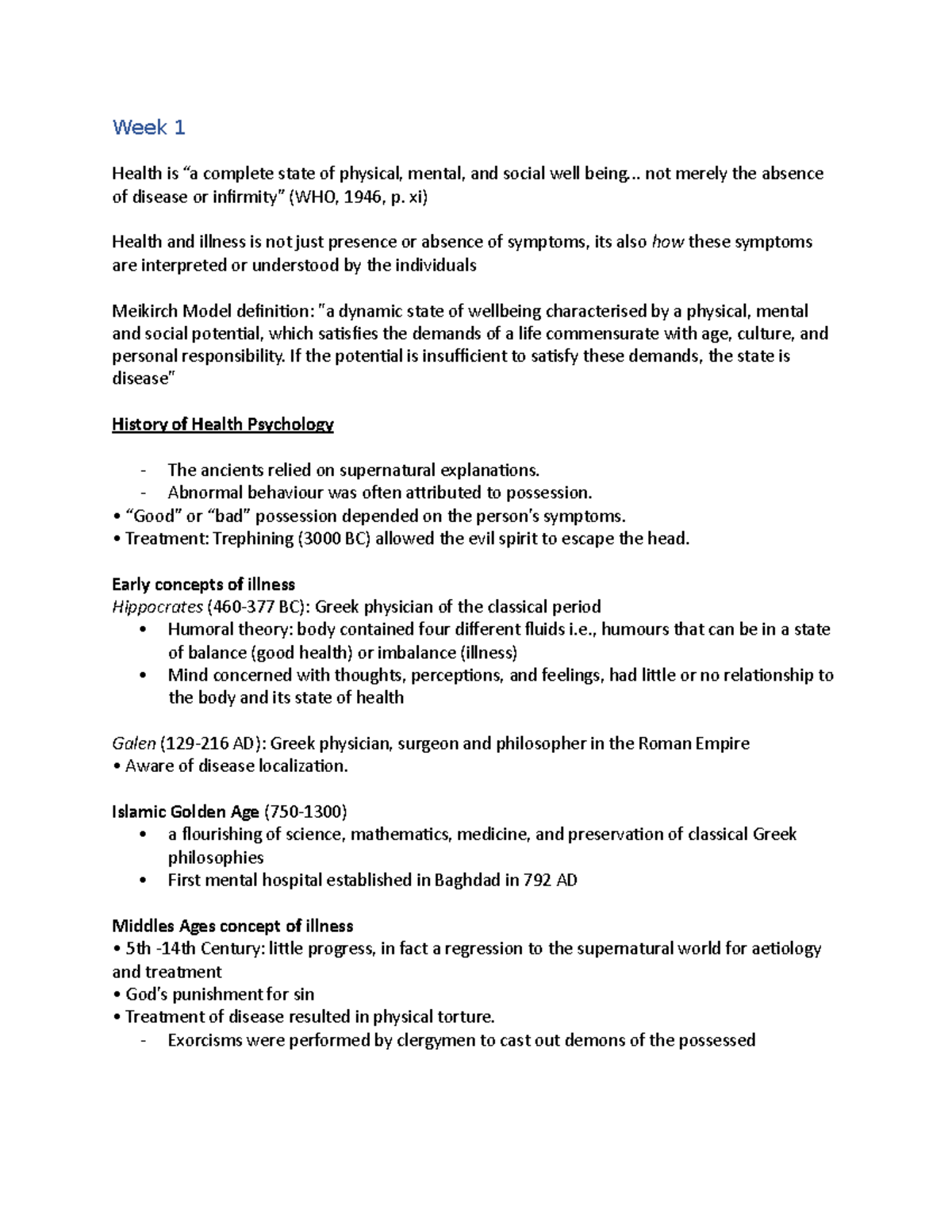 Lecture notes (224) - Week 1 Health is “a complete state of physical ...