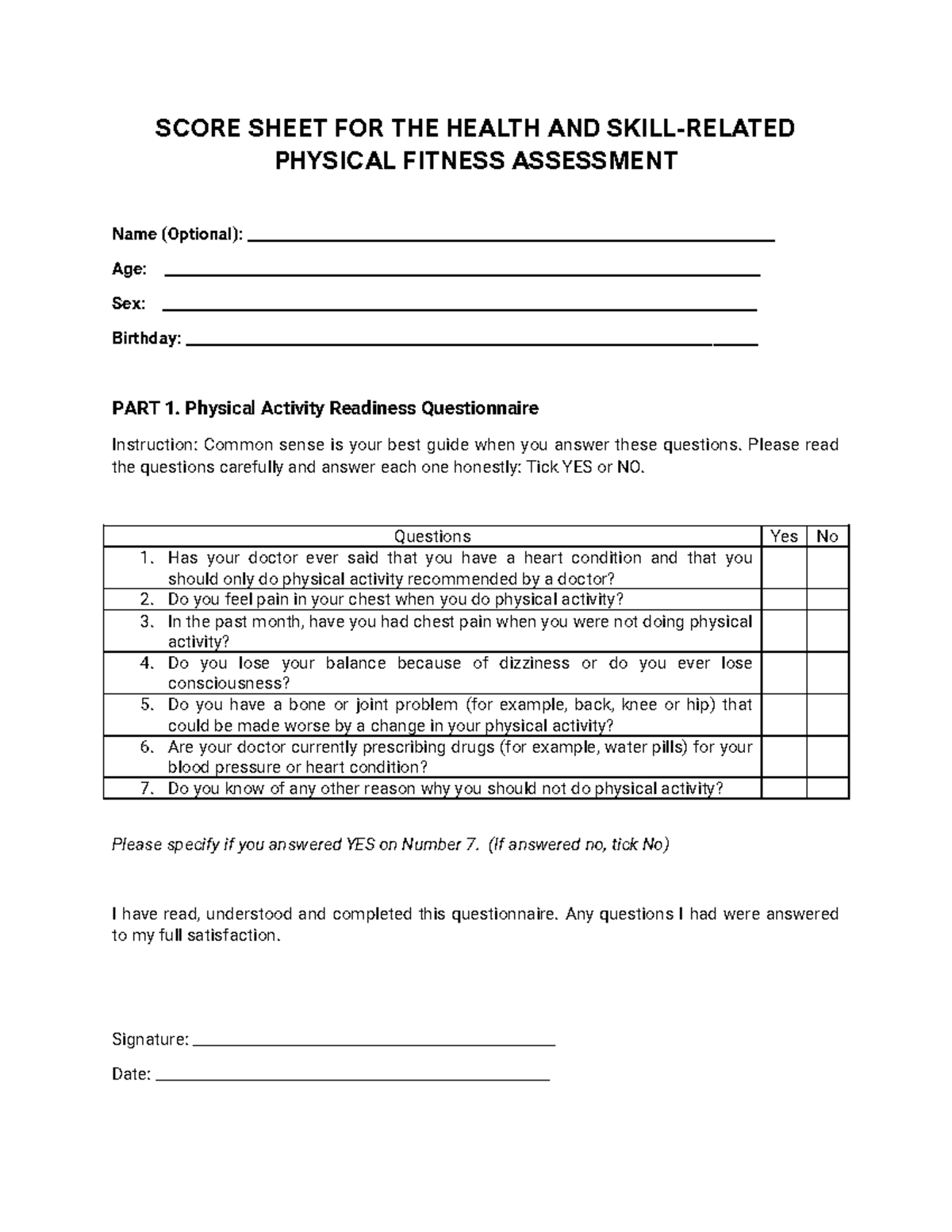 PARQ and Fitness Tests - good - SCORE SHEET FOR THE HEALTH AND SKILL ...
