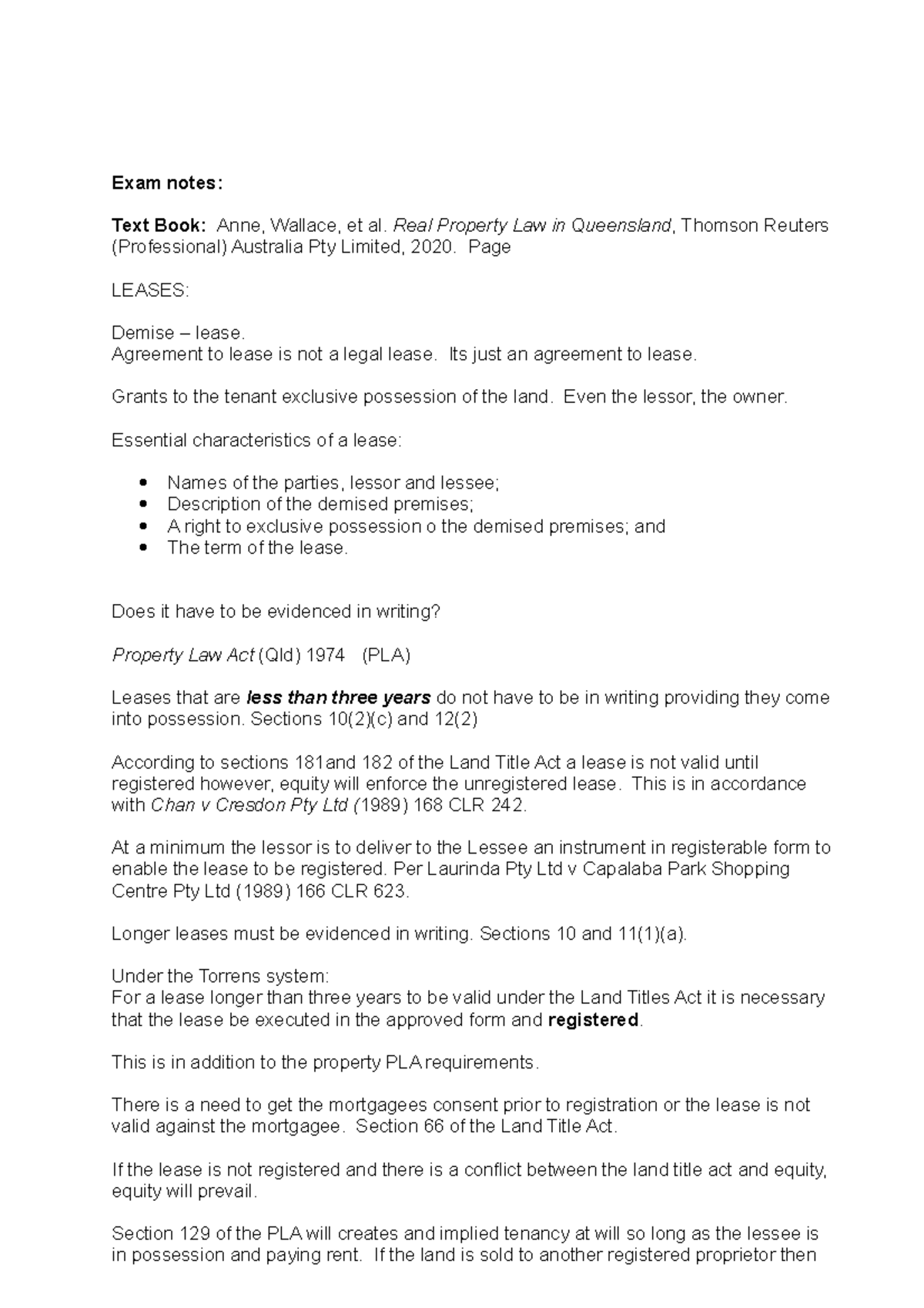Exam notes - Leases, easements. - Exam notes: Text Book: Anne, Wallace ...